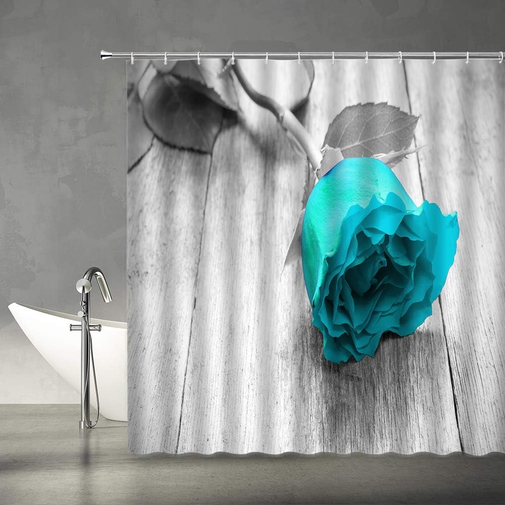 Teal Blue Rose Shower Curtain Awesome Rose Flower on Grey Wooden Floor ...