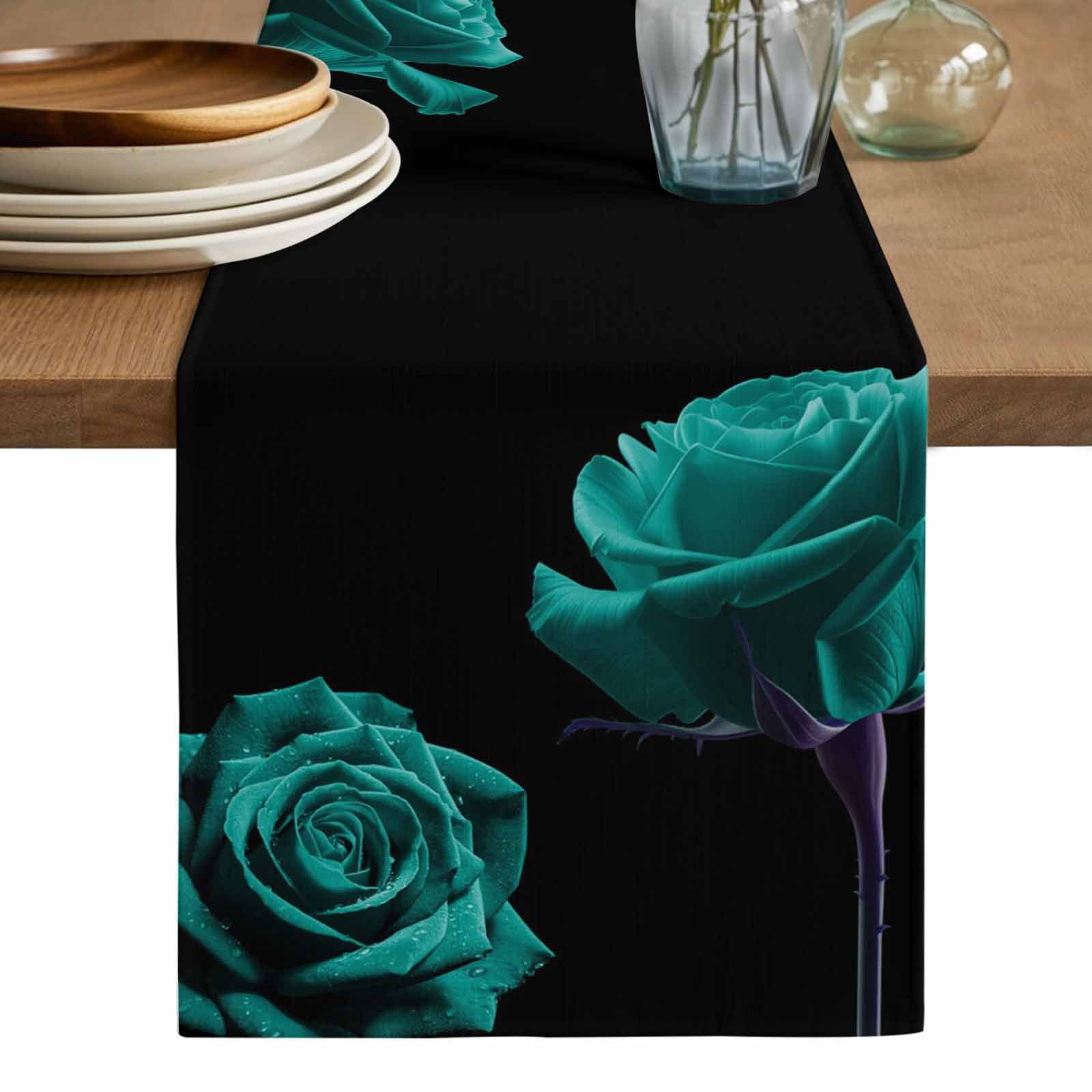 Teal Blue Rose Table Runner, Vintage Abstract Garden Flower Floral ...