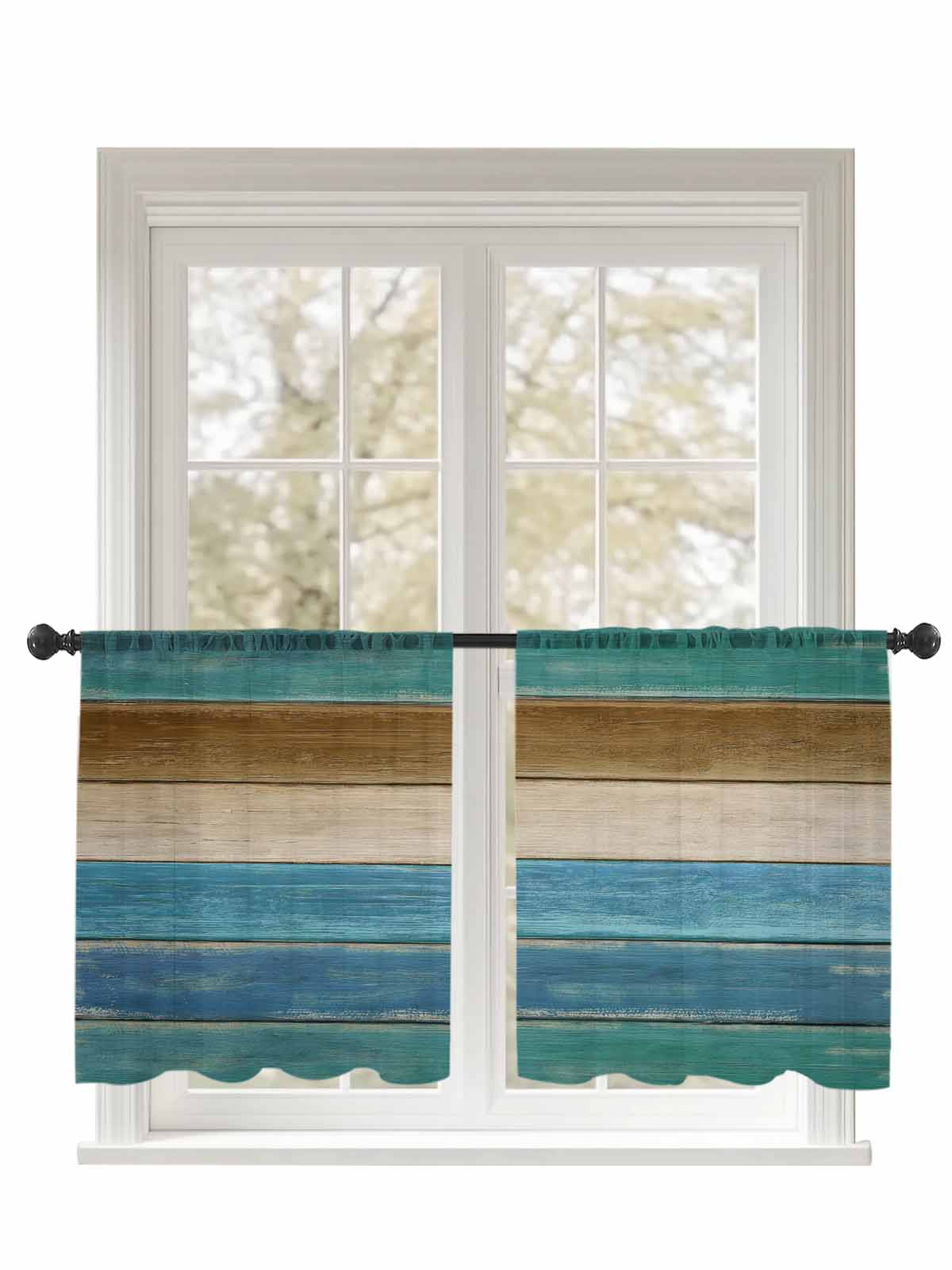 Teal Blue Sheer Curtains 54 Inch Long 2 Panels, Brown Wooden Board ...