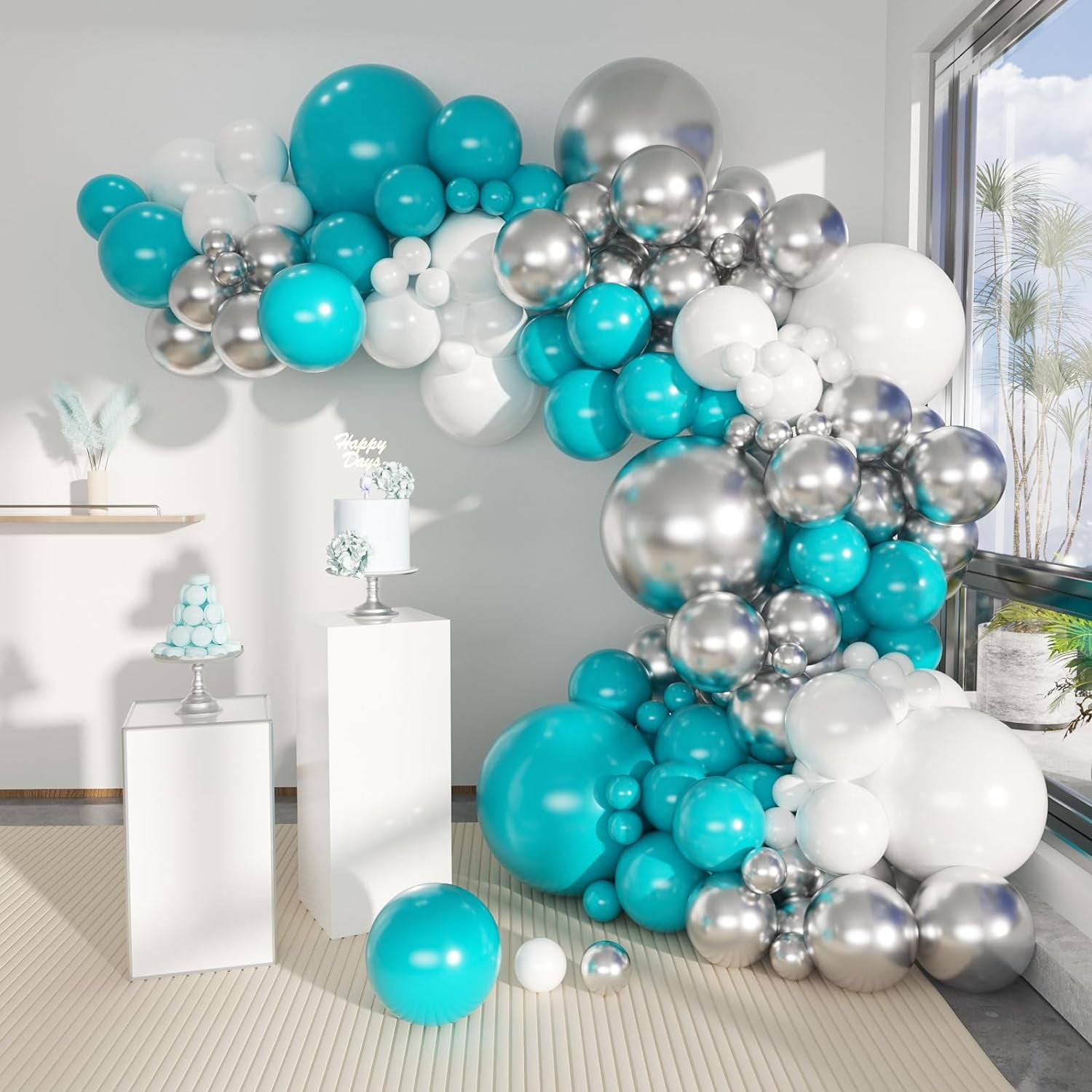 Teal Blue Silver White Balloons Garland Arch Kit, 141Pcs Latex Balloons Different Sizes 18 12 10 ...