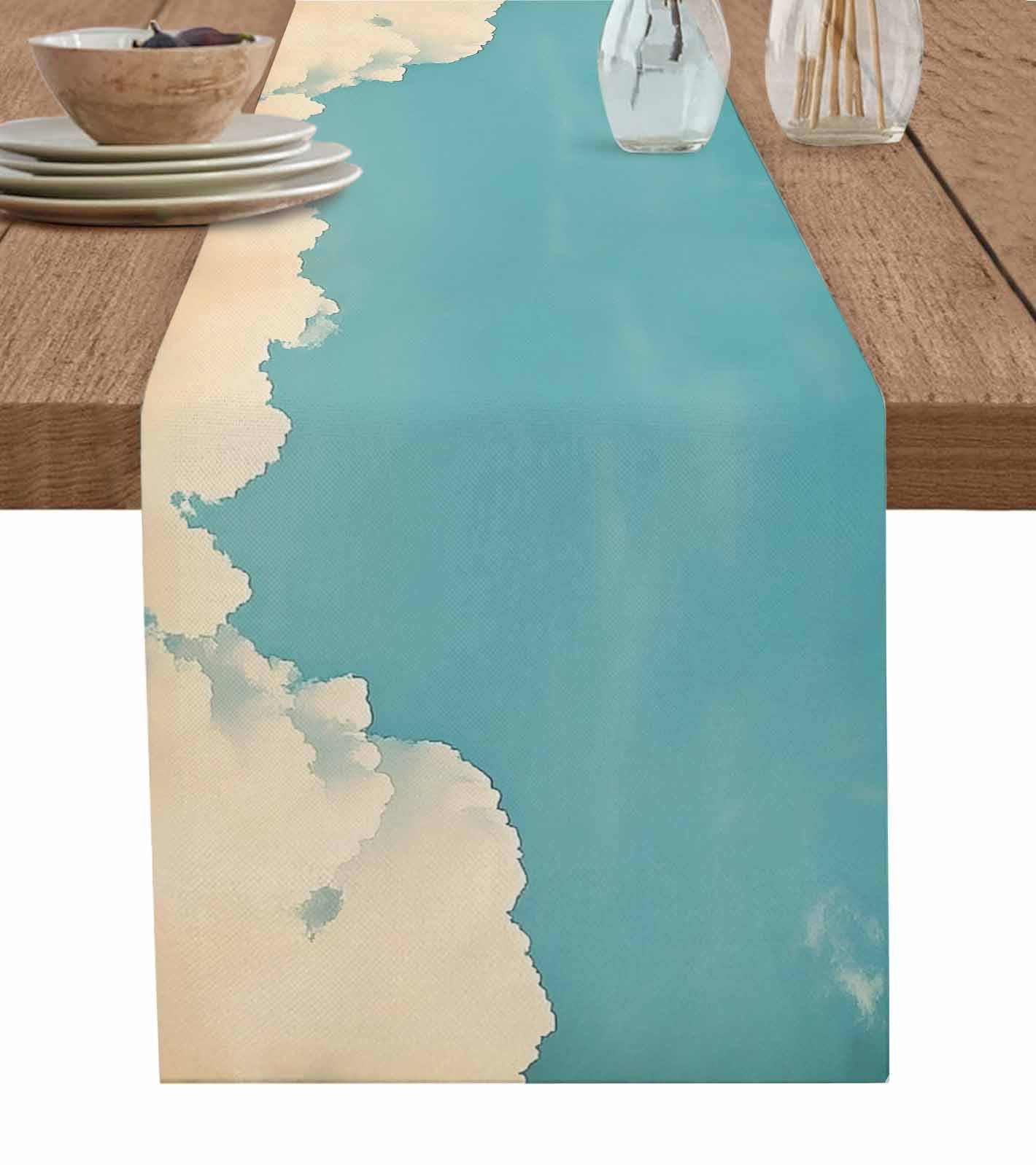 Teal Blue Sky Table Runner 72 Inches, Vintage Modern Clouds Landscape ...