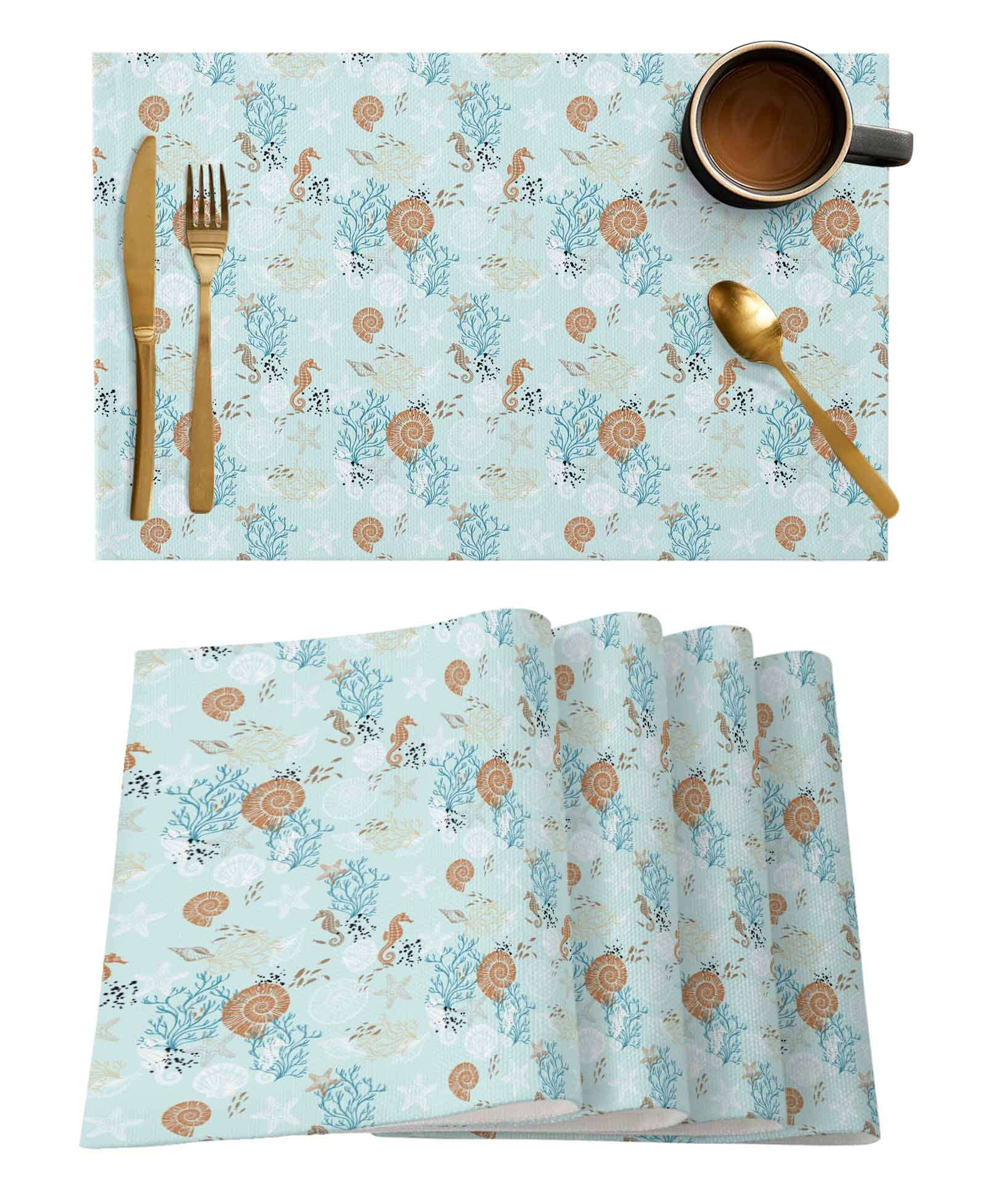 Teal Blue Starfish Coral Placemats Set of 1 Beach Conch Seahorse Retro ...