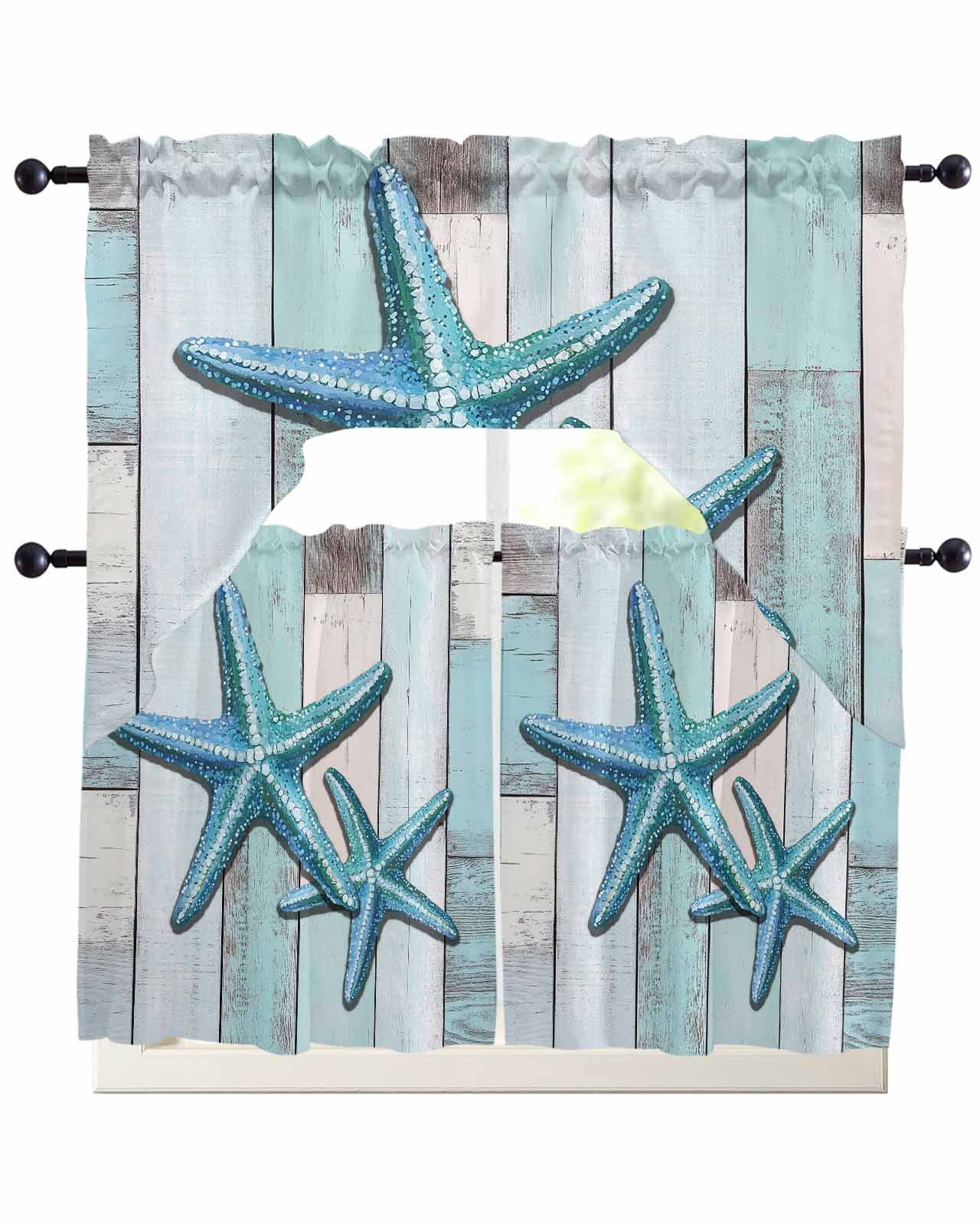 Teal Blue Starfish Kitchen Curtains Swag Valance and Tier Curtains Set ...