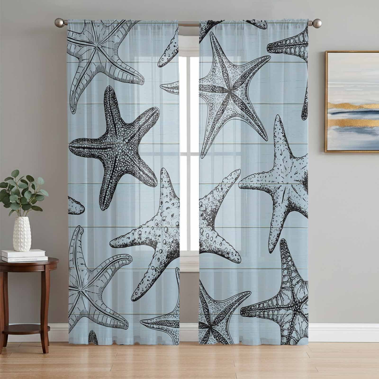 Teal Blue Starfish Sheer Curtains 72 Inch Length 2 Panels Set, Coastal ...