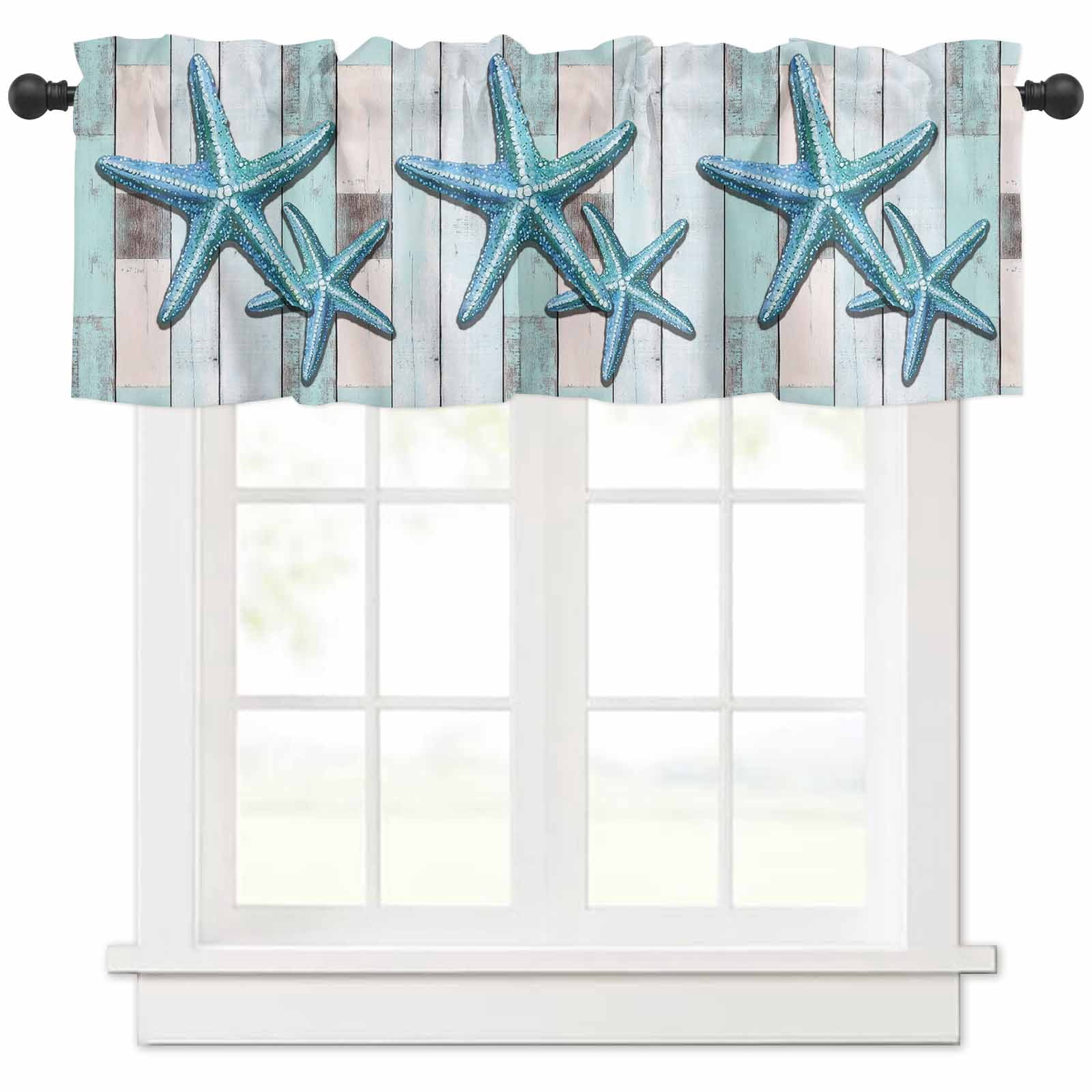 Teal Blue Starfish Valances for Windows Farmhouse Kitchen Curtains ...
