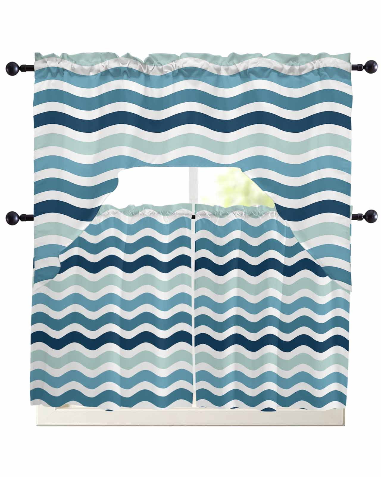 Teal Blue Stripes Ombre Kitchen Curtains Sets 24 Inch Length with ...