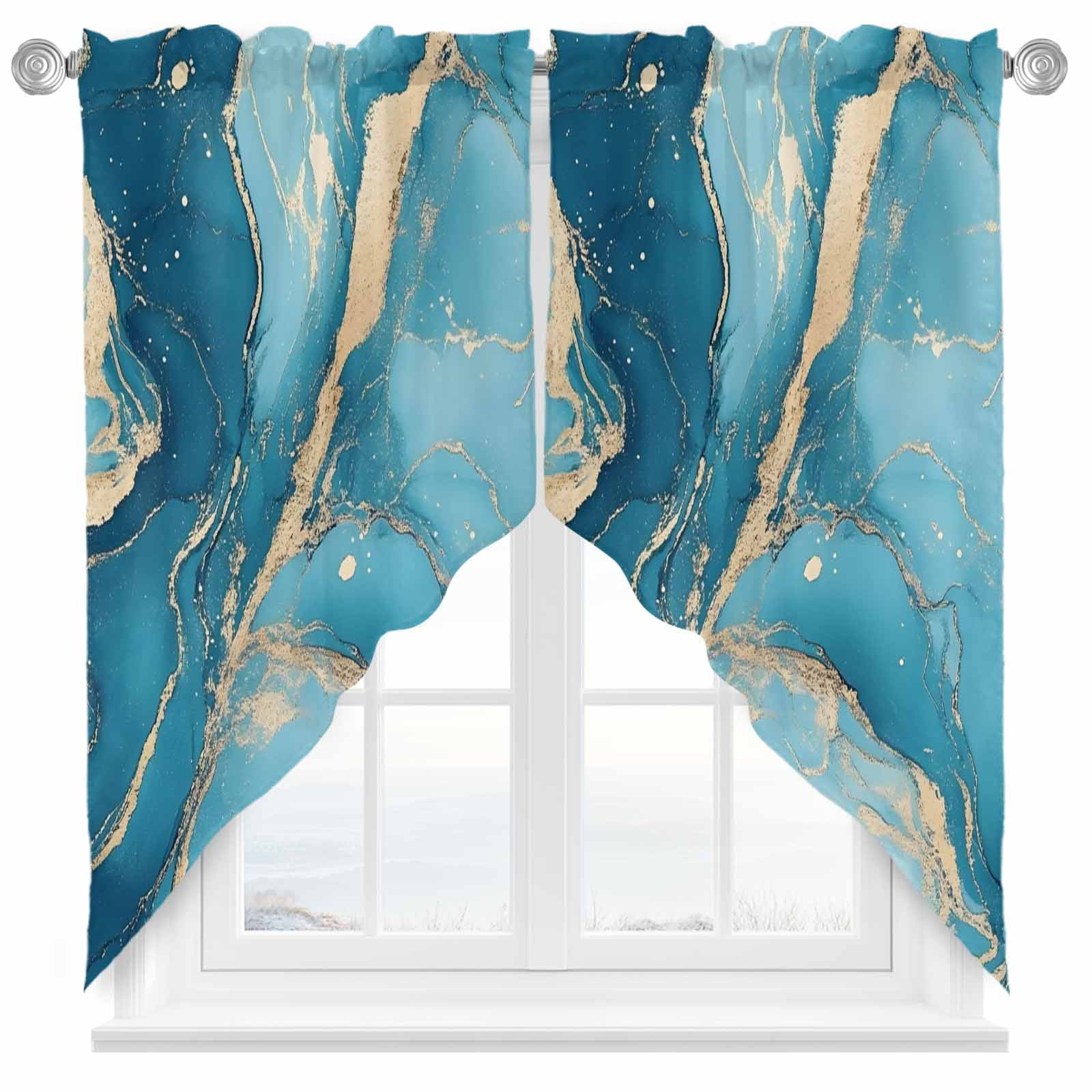Teal Blue Swag Curtain Valance for Windows, Marble Gold Natural Stone ...