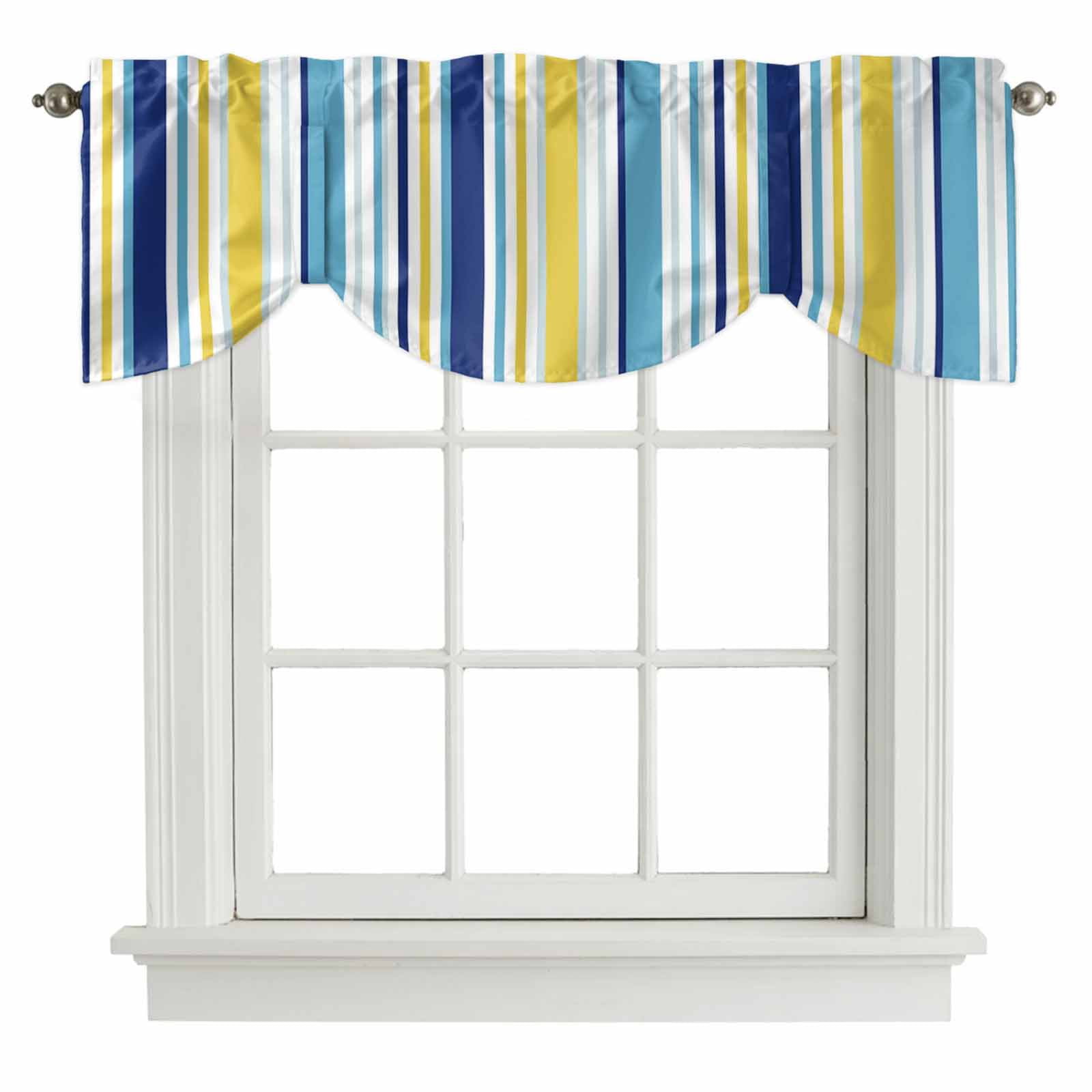 Teal Blue Tie Up Valance for Windows Yellow Stripes Texture Adjustable ...