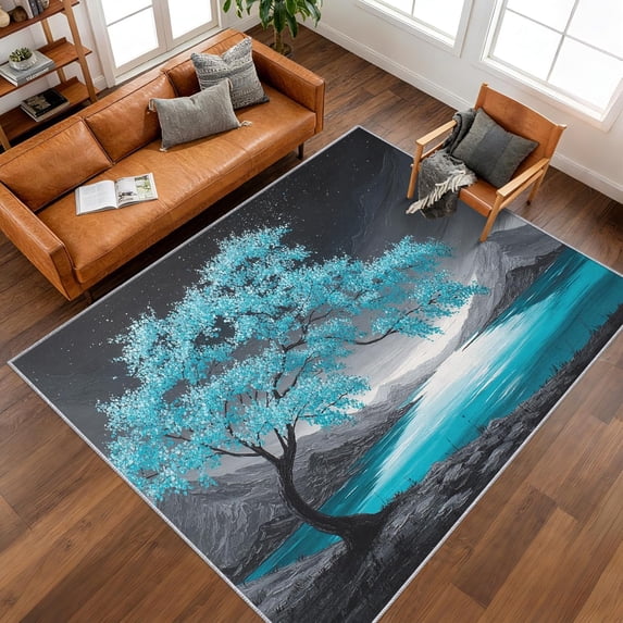 Teal Blue Tree Mountain Lake Area Rug, Nature Scenery Pattern Carpet ...