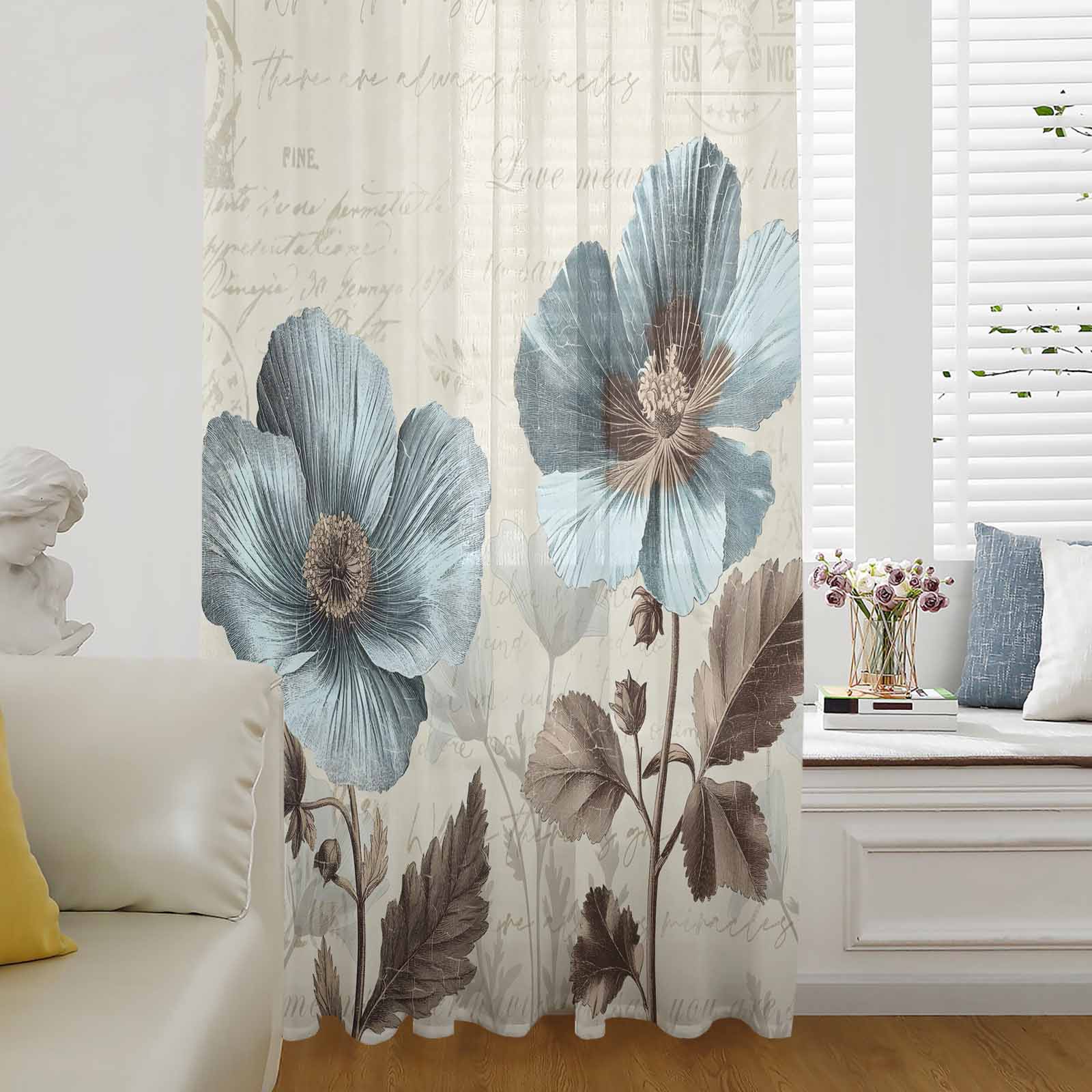 Teal Blue Tulip Window Curtain 96 Inches Long,Vintage Brown Flowers ...