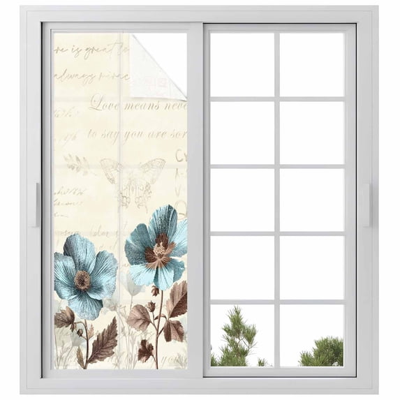 Teal Blue Tulip Window Privacy Film, Vintage Brown Flowers Elegant ...