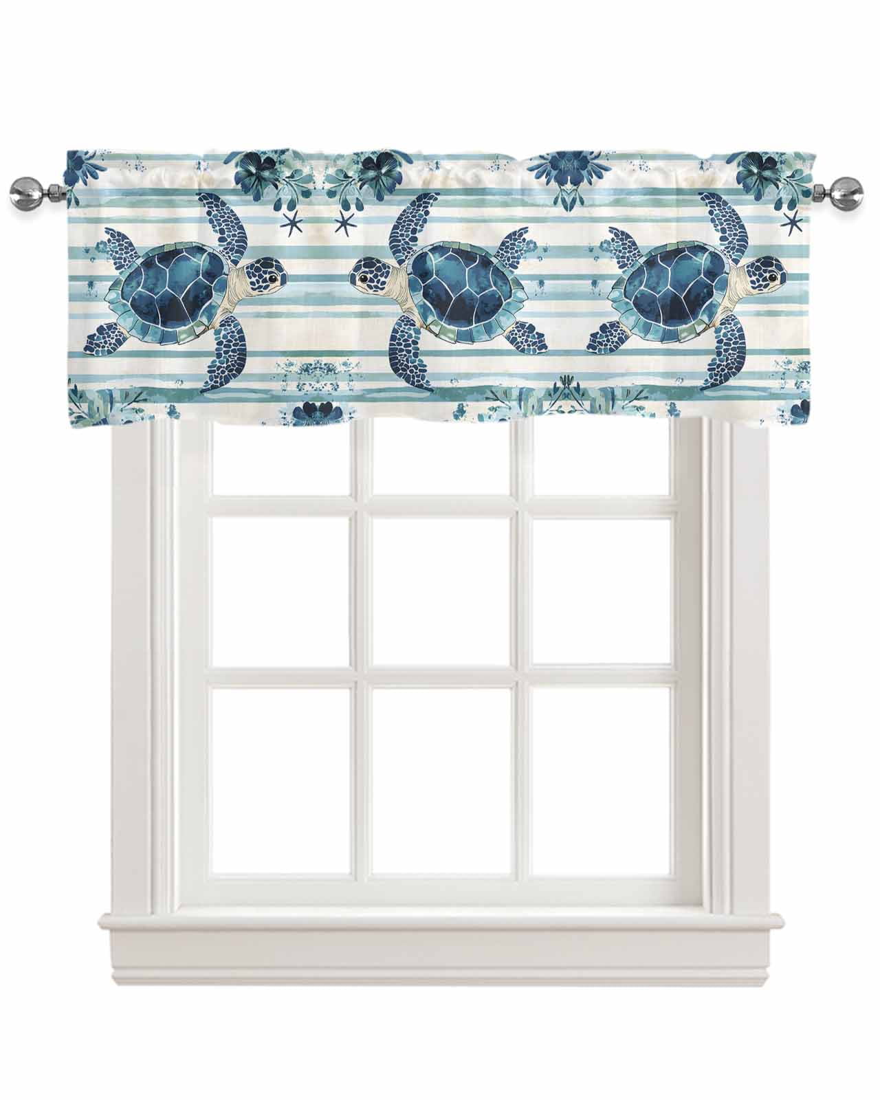 Teal Blue Turtle Coastal Kitchen Valances for Windows Farmhouse Linen ...
