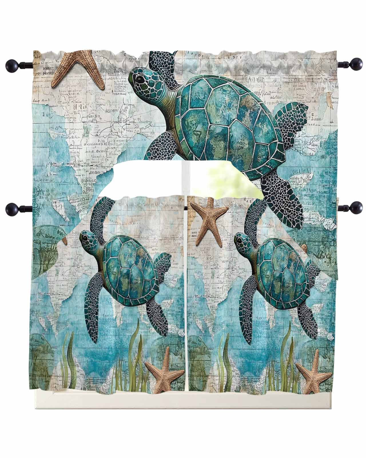 Teal Blue Turtle Kitchen Curtains Swag Valance and Tier Curtains Set 24 ...