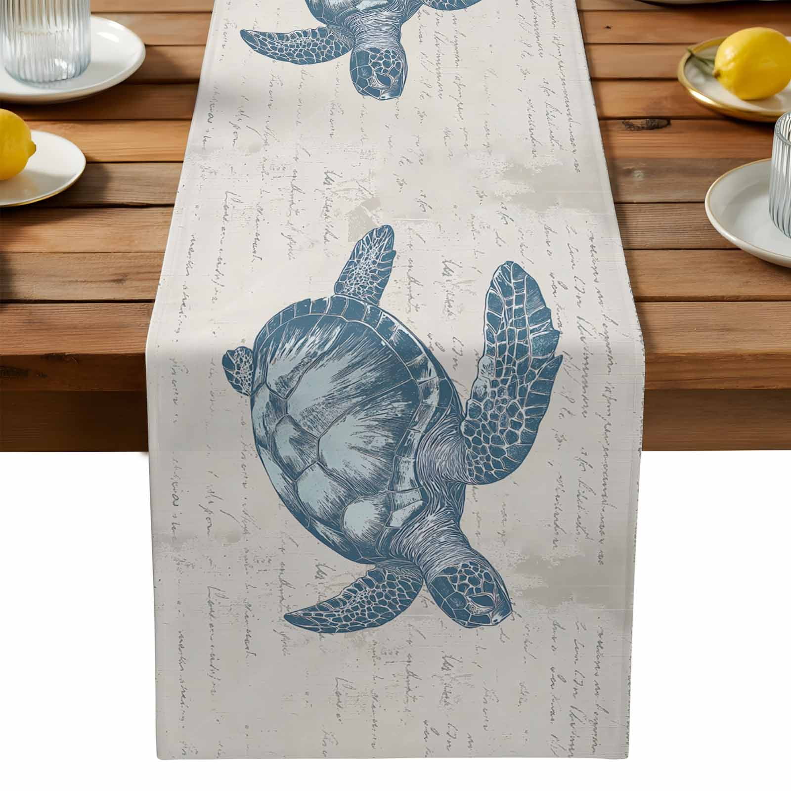 Teal Blue Turtle Table Runner, Ocean Animal Vintage Beige Text Bottom ...