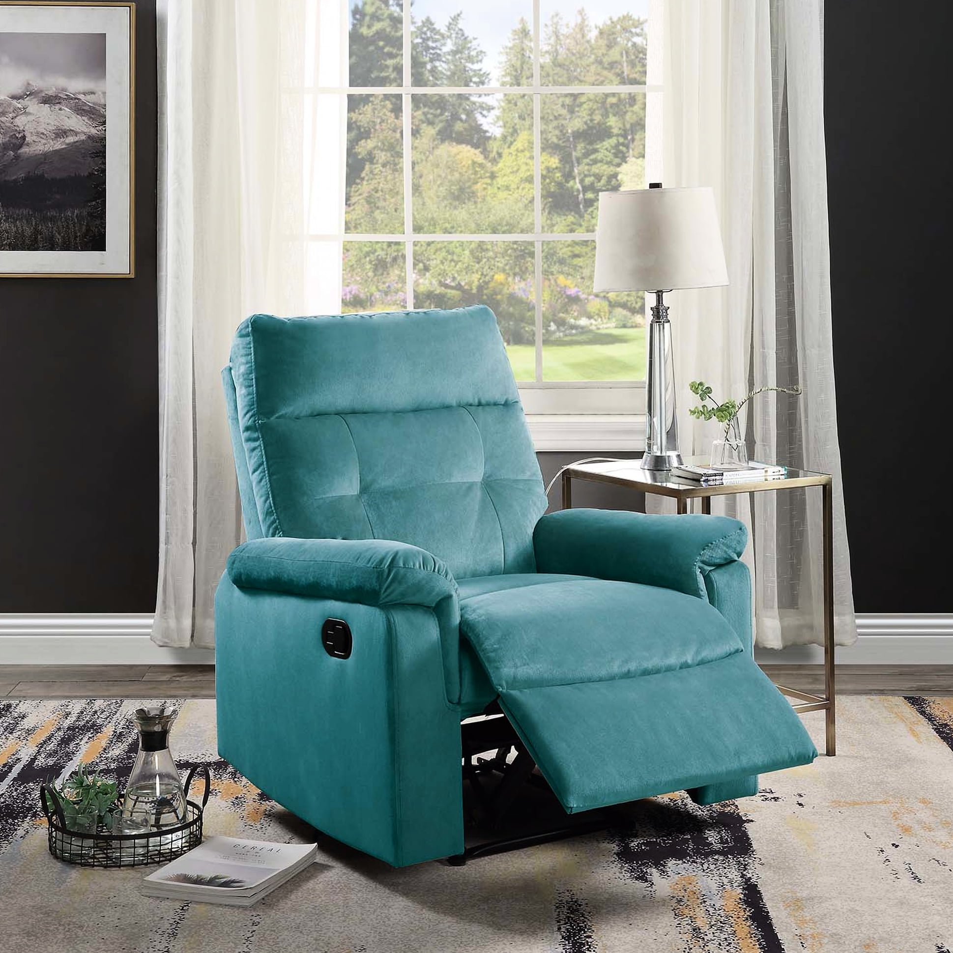 Teal Blue Velvet Chair With Manual Reclining Function And Recliner For ...