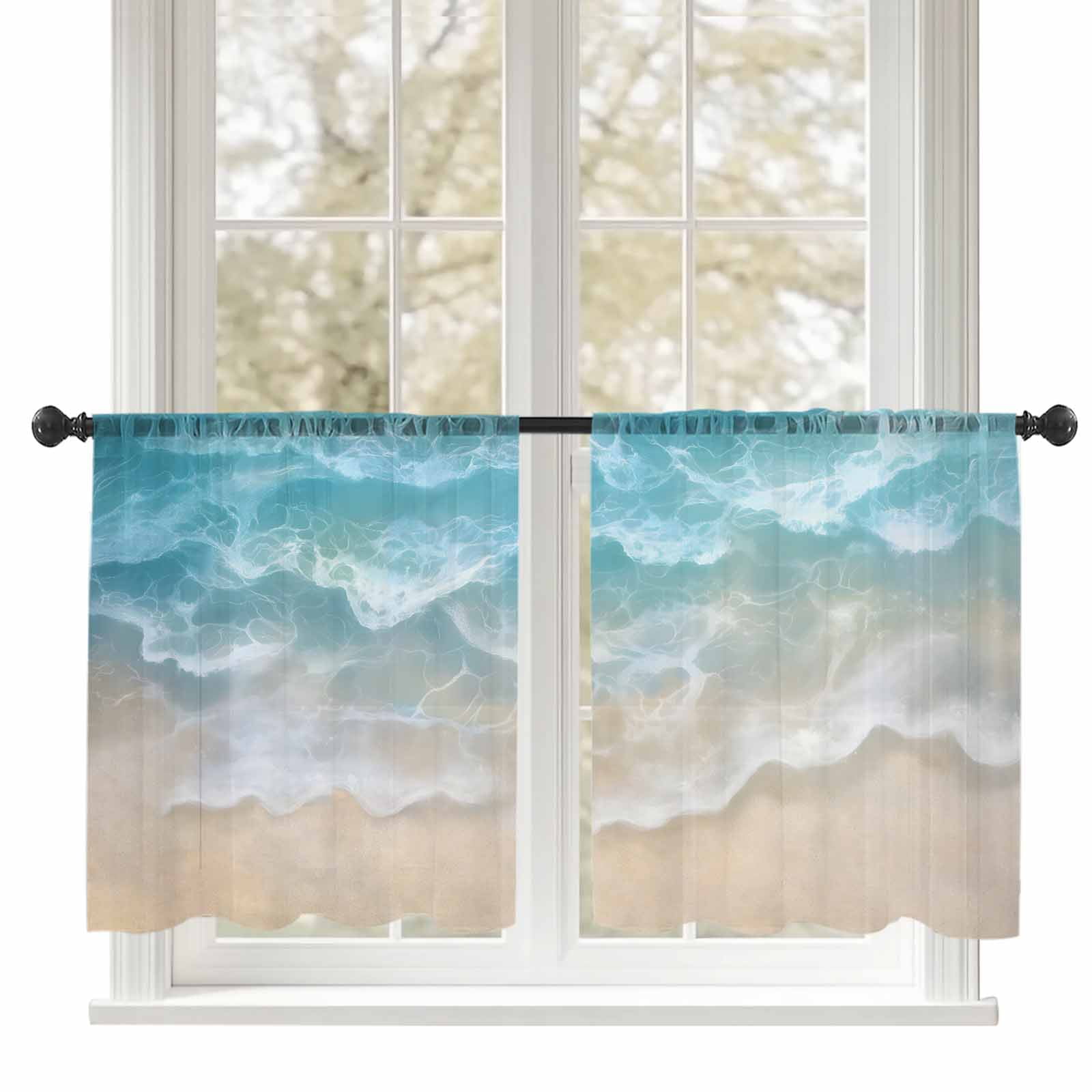 Teal Blue Water Ripple Sheer Curtains 2 Panels Set, Ocean Beach Window ...