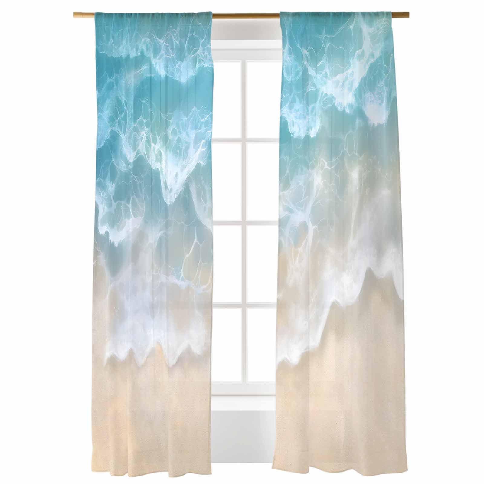 Teal Blue Water Ripple Sheer Curtains 2 Panels Set, Ocean Beach Window ...
