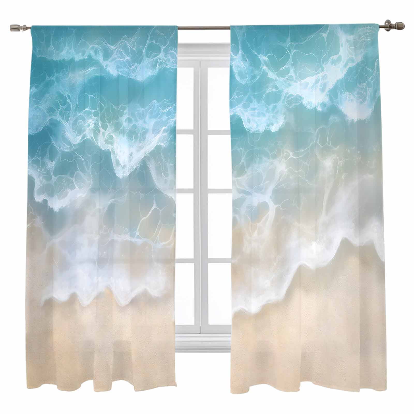 Teal Blue Water Ripple Sheer Curtains 2 Panels Set, Ocean Beach Window ...