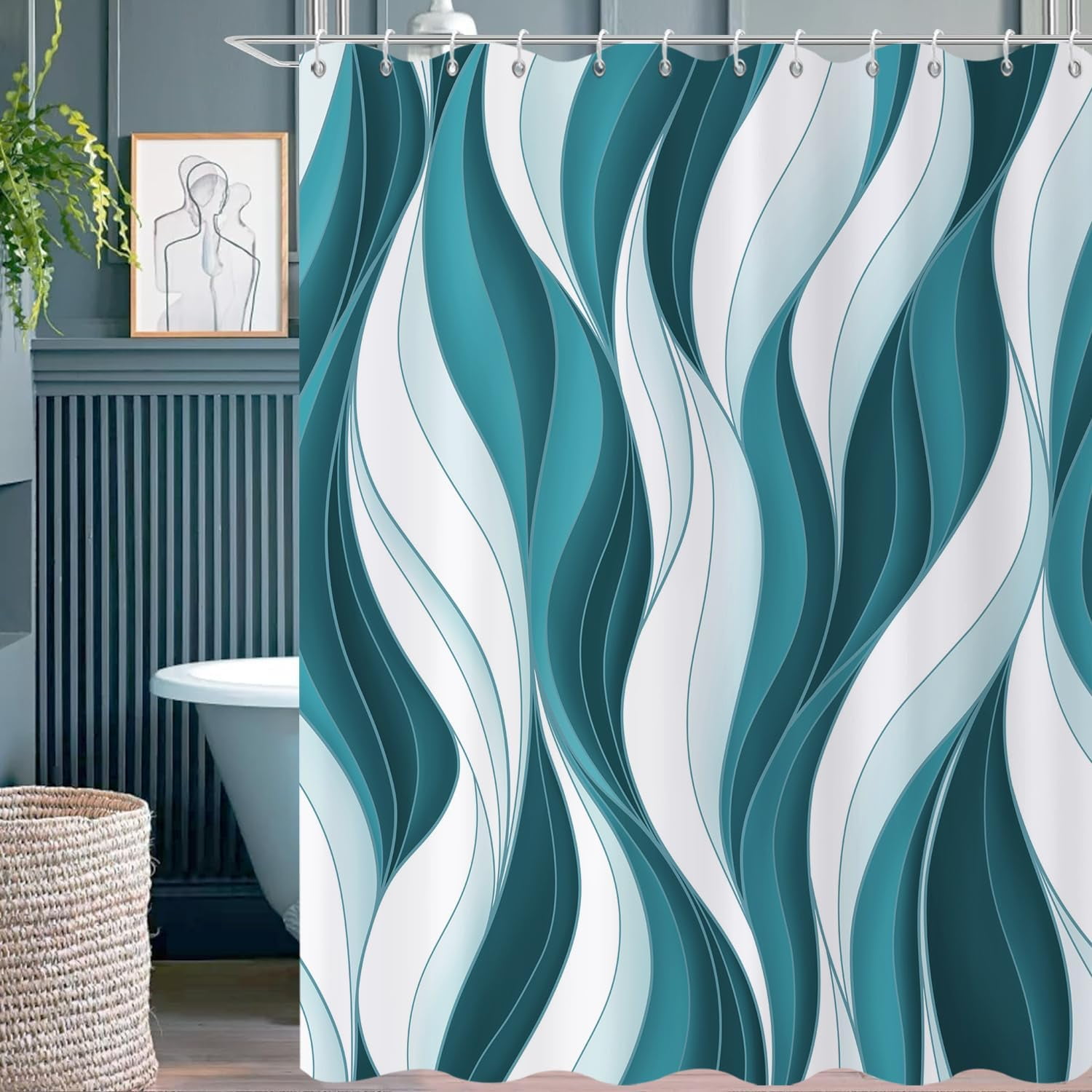 Teal Blue Waterproof Shower Curtain, Modern Abstract Teal Blue White ...
