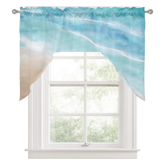 Teal Blue Waves Coastal Kitchen Curtains Swag Valance for Windows ...