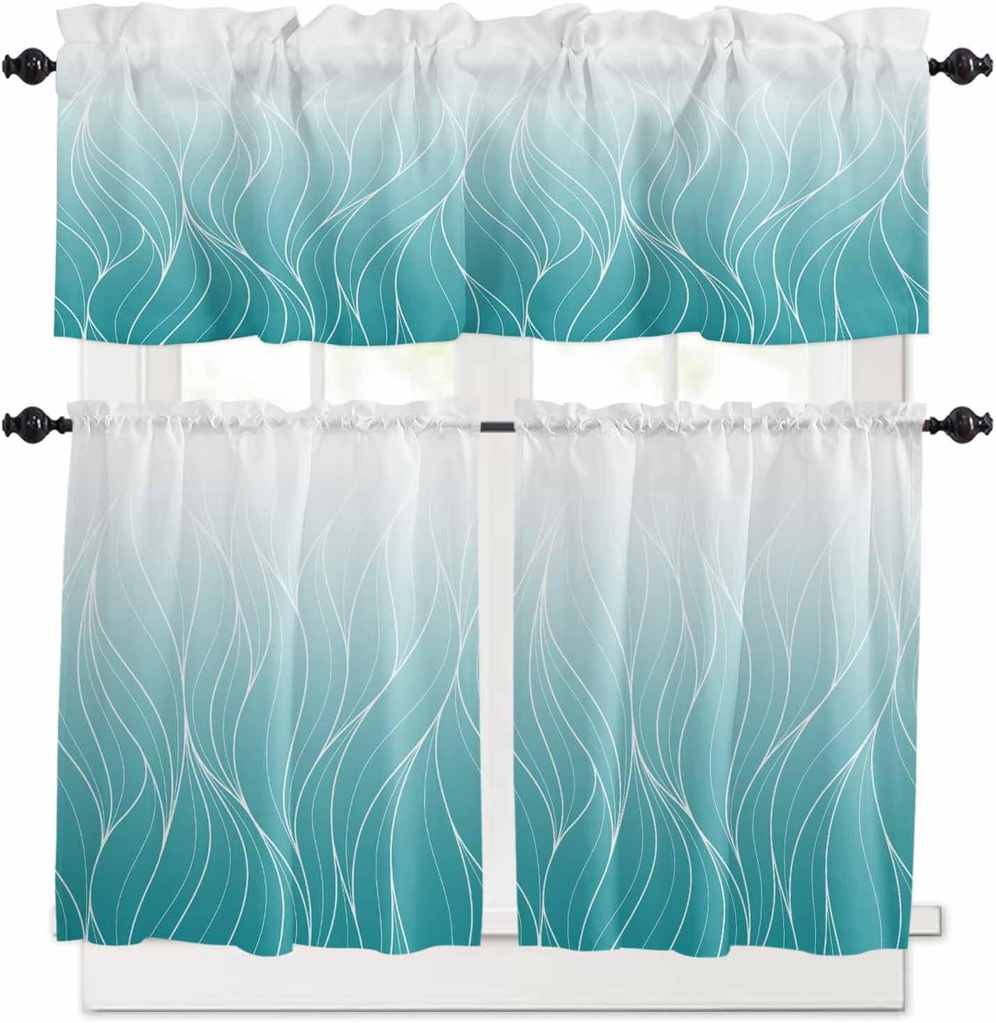 Teal Blue White Ombre Kitchen Curtains and Valances Set, Rod Pocket ...