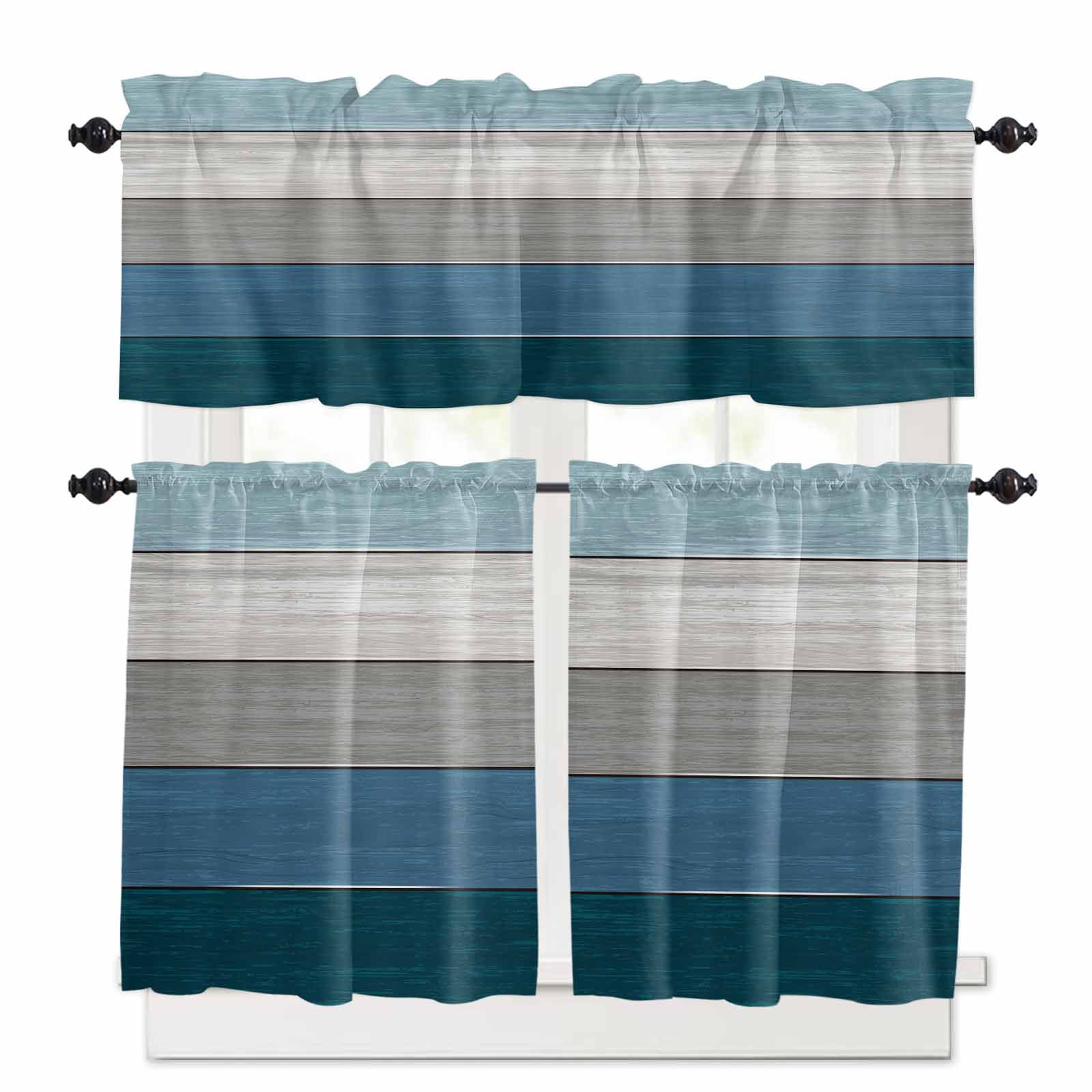 Teal Blue Wooden Grain Window Curtains Valance Set of 3 Vintage Blue ...