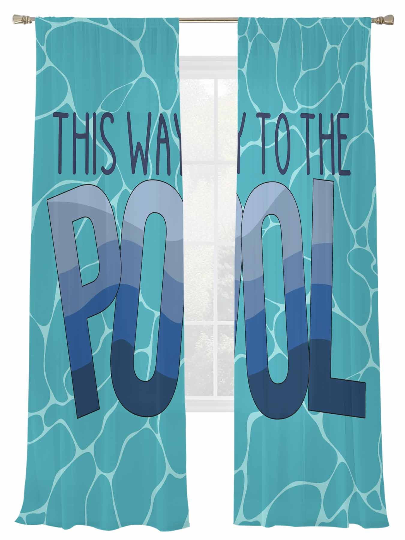 Teal Blue Words Sheer Curtains 108 Inch Length 2 Panels Set, Semi ...