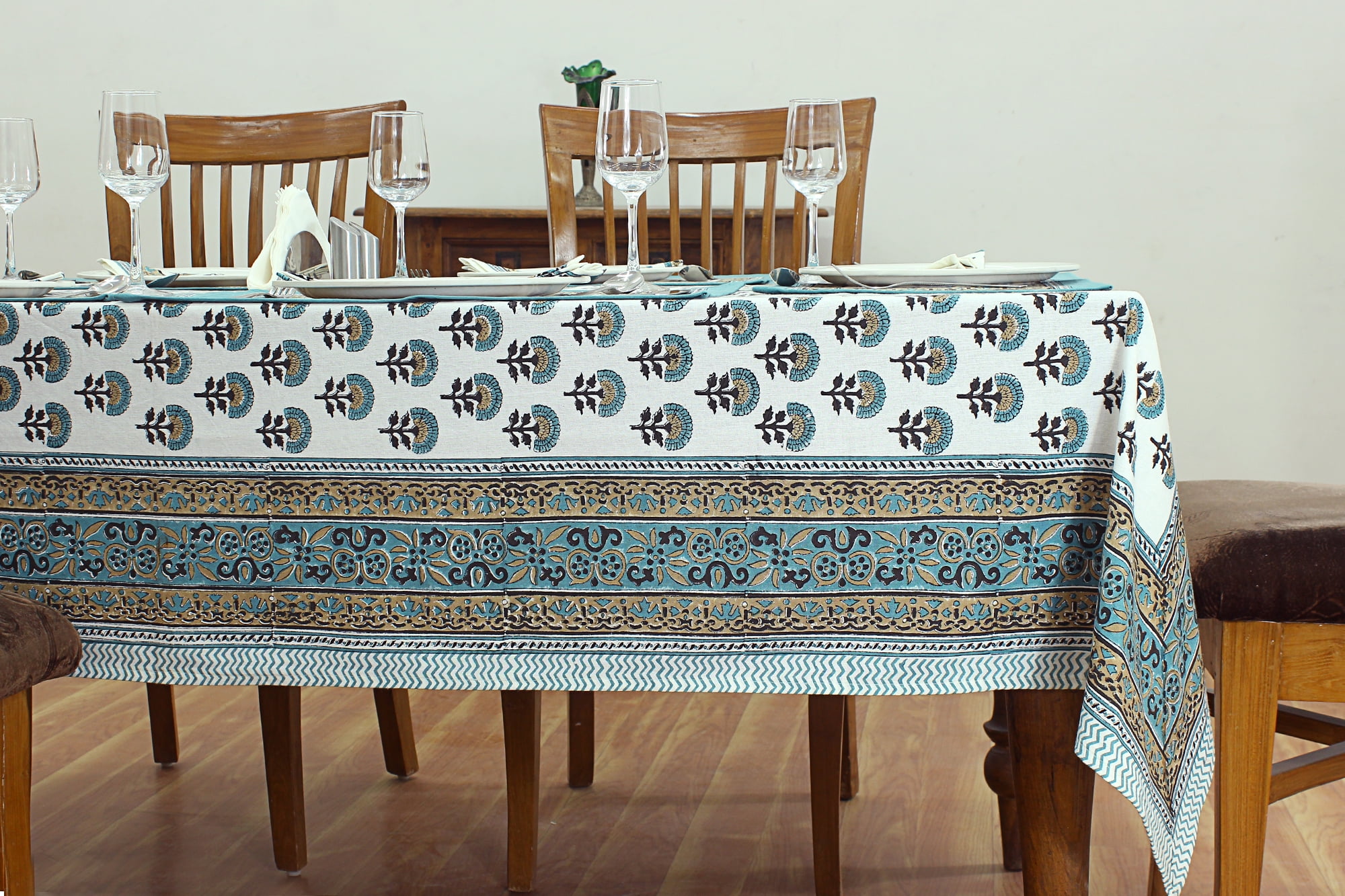 Teal Blue and White Hand Block Print Cotton Cloth Dinning Table Cover ...
