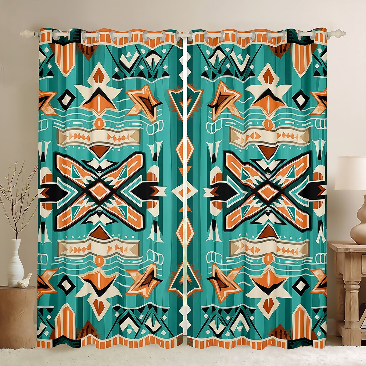 Teal Boho Aztec Curtains,Southwest Exotic Tribal Curtains for Kids ...