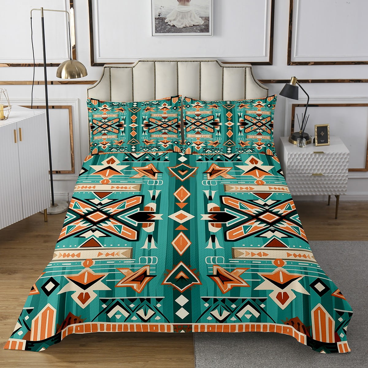 Teal Boho Aztec Queen Quilt Set,Southwest Exotic Tribal Bedding Set ...