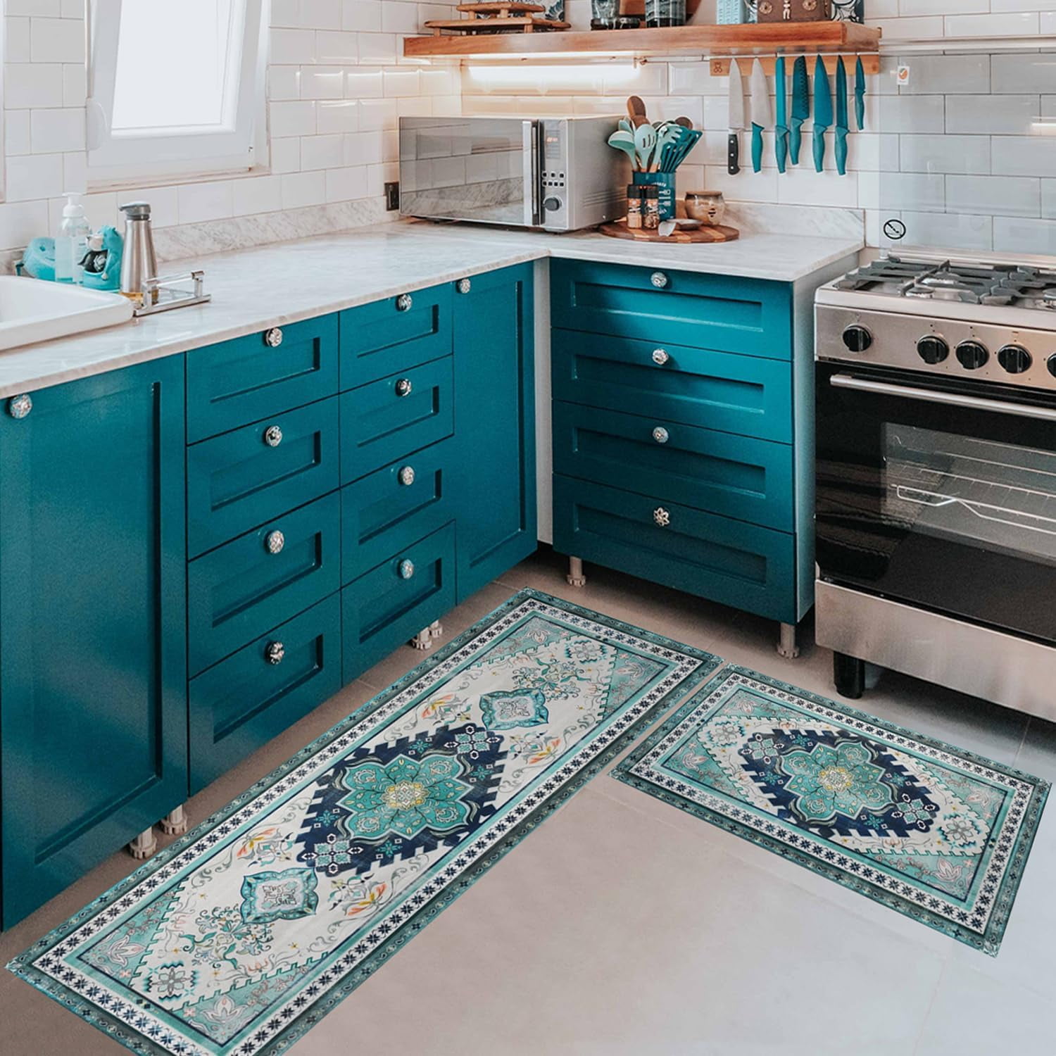 Teal Boho Kitchen Mats for Floor, Green Blue Turquoise Kitchen Rugs Set ...
