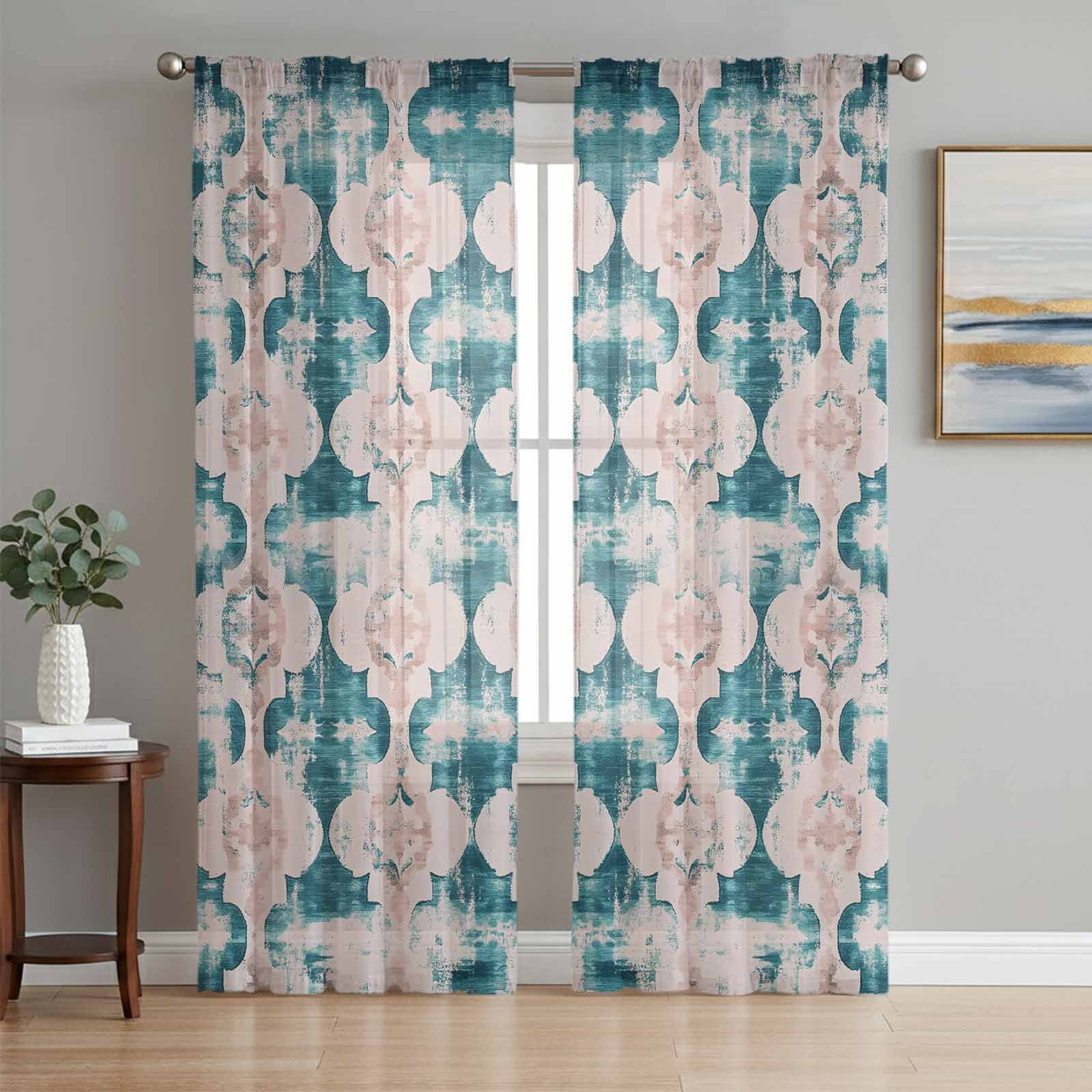 Teal Boho Sheer Curtains 63 Inch Length 2 Panels Set, Farmhouse Retro ...