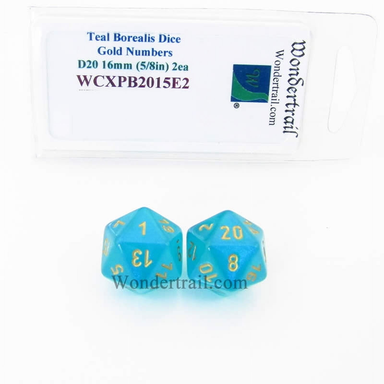 Teal Borealis Dice with Gold Numbers D20 Aprox 16mm (5/8in) Pack of 2 ...