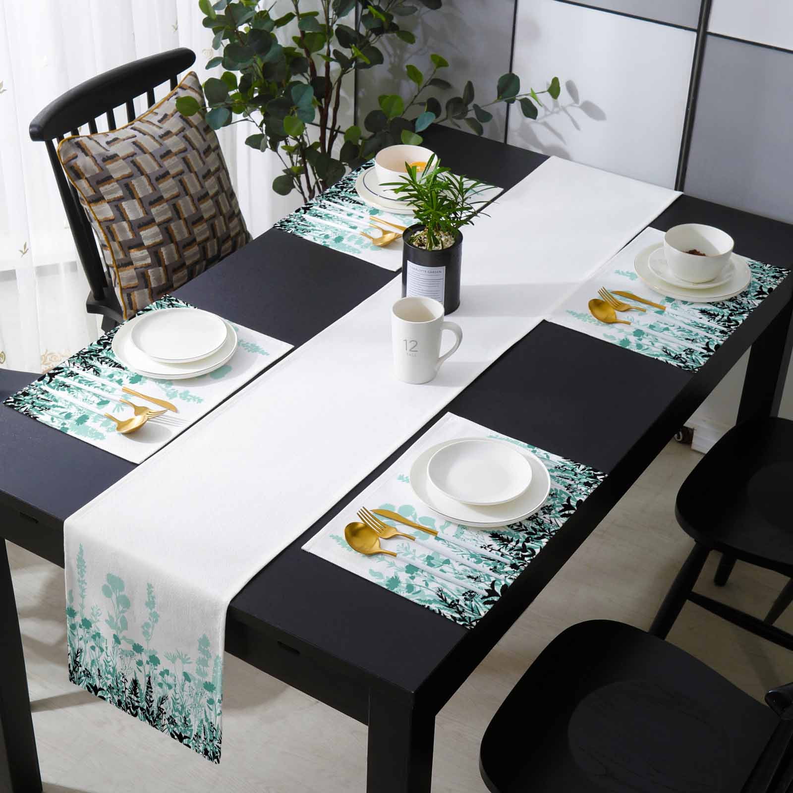 Teal Botanical Placemats Set of 6 with 70 Inches Long Table Runners ...