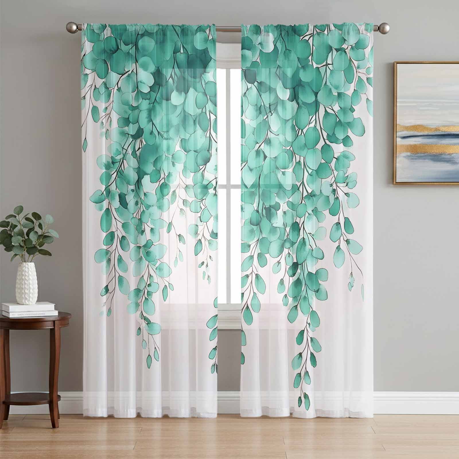 Teal Botanical Sheer Curtains 84 Inch Length 2 Panels Set, Watercolor ...