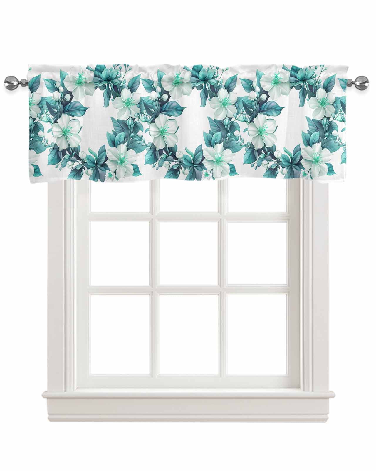 Teal Botanical Spring Kitchen Valances for Windows Farmhouse Linen ...