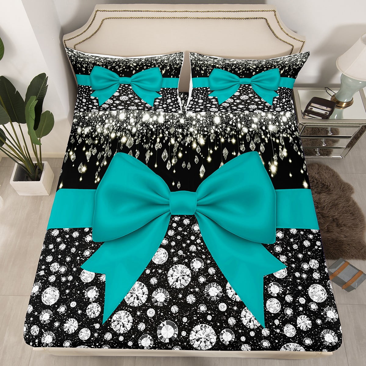 Teal Bowknot Fitted Sheet Cute Bow Knot Bed Sheets Twin,Kawaii Silk ...