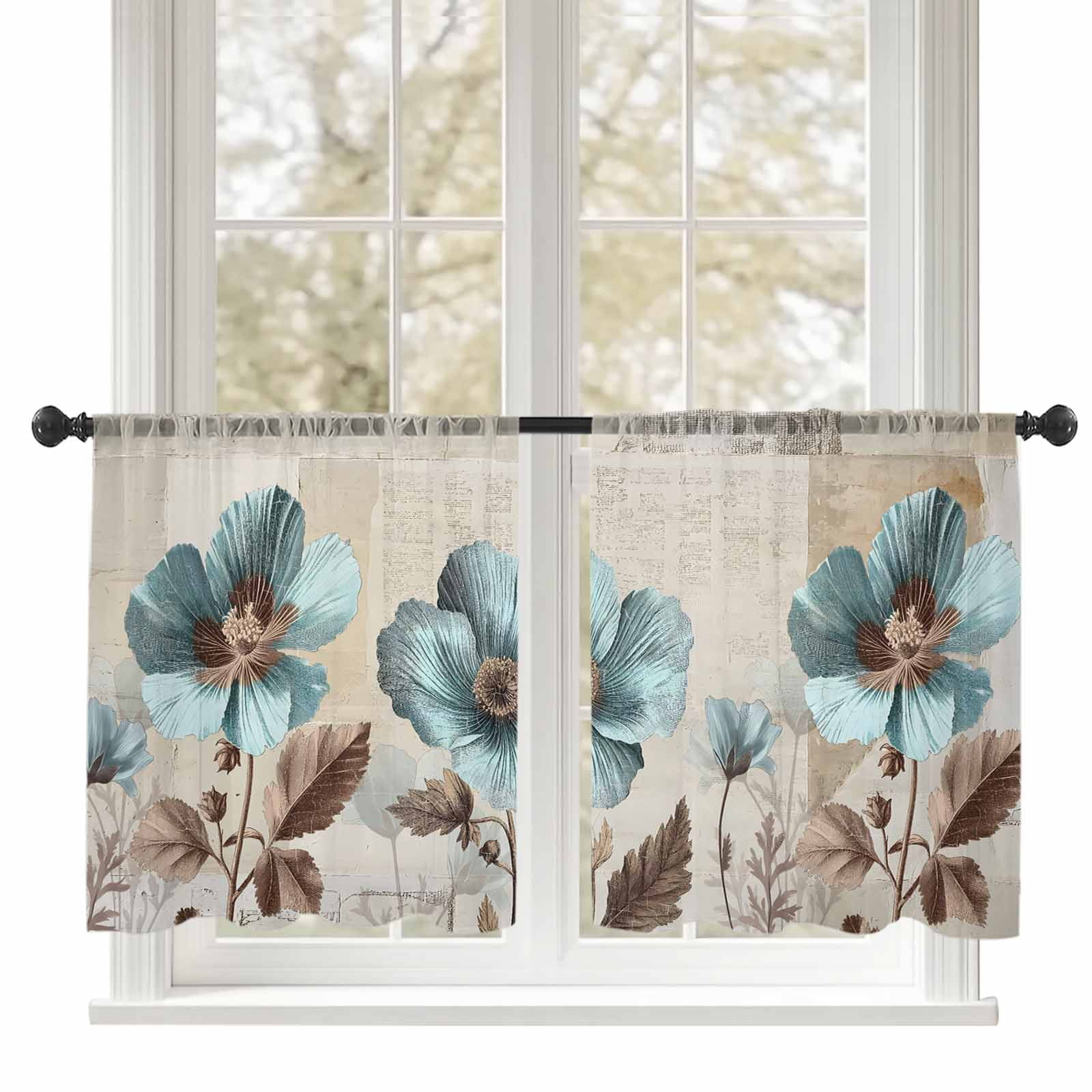 Teal Broccoli Sheer Curtains 45 inches Long 2 Panels Set Rustic ...