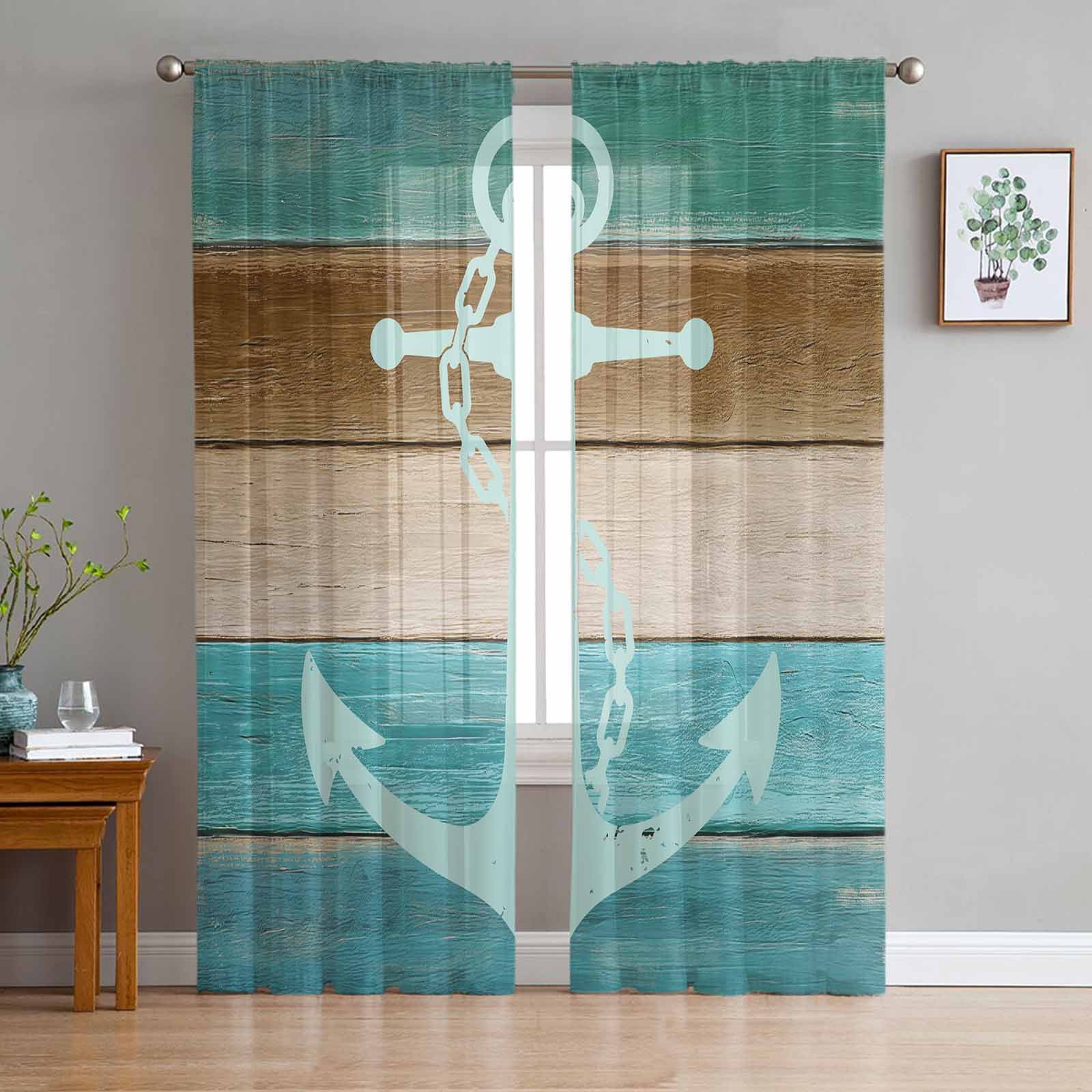 Teal Brown Anchor Sheer Curtains 72 Inches Long 2 Panels Set, Window ...