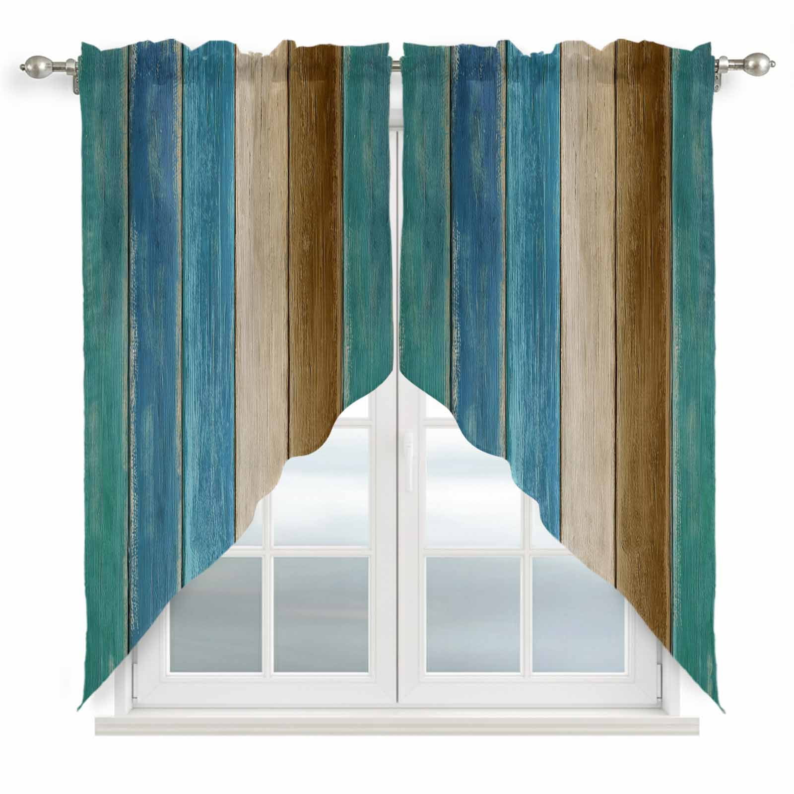 Teal Brown Blue Wooden Swag Curtains Farmhouse Vertical Striped Art ...