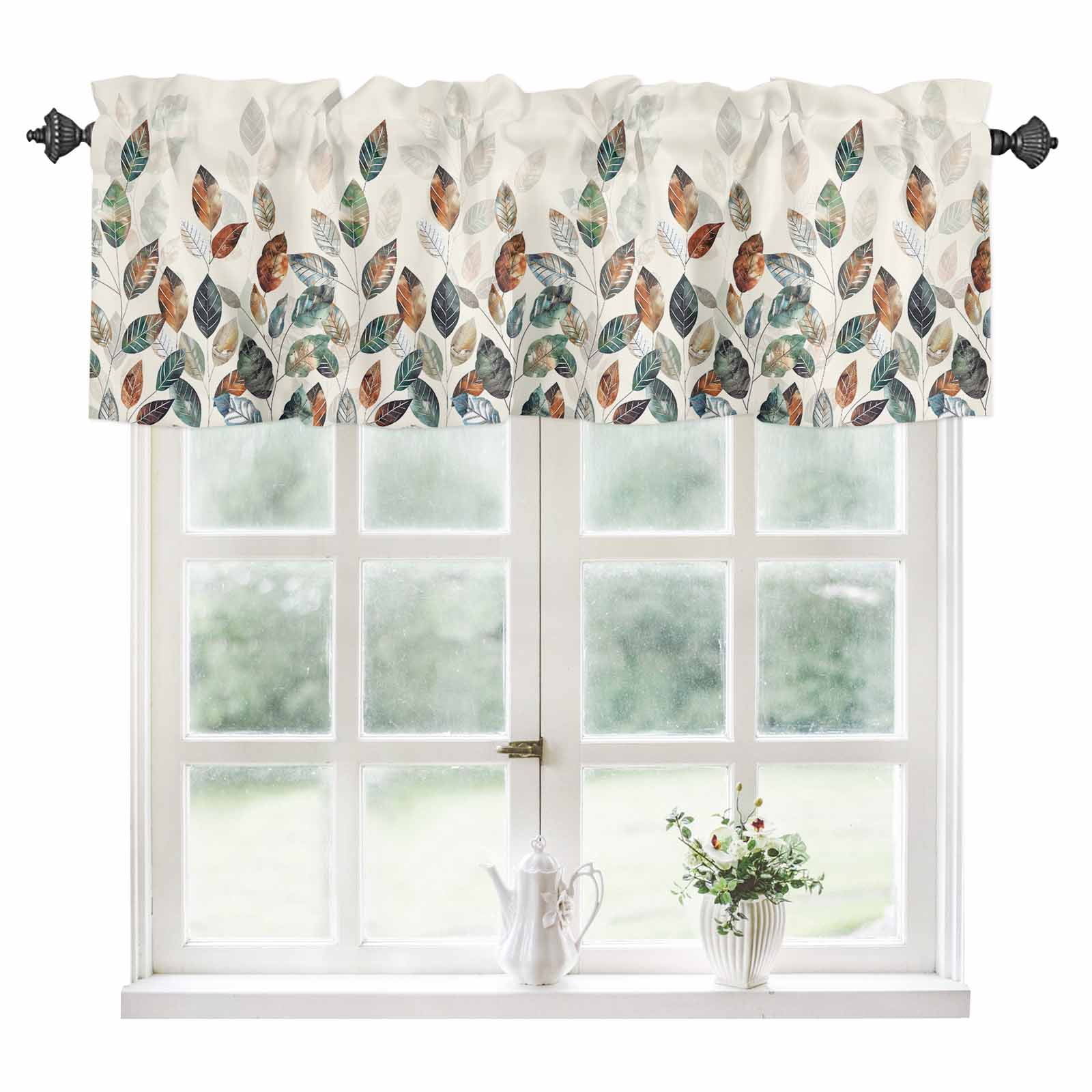 Teal Brown Botanical Kitchen Valances for Windows 42x12 Inch Kitchen ...