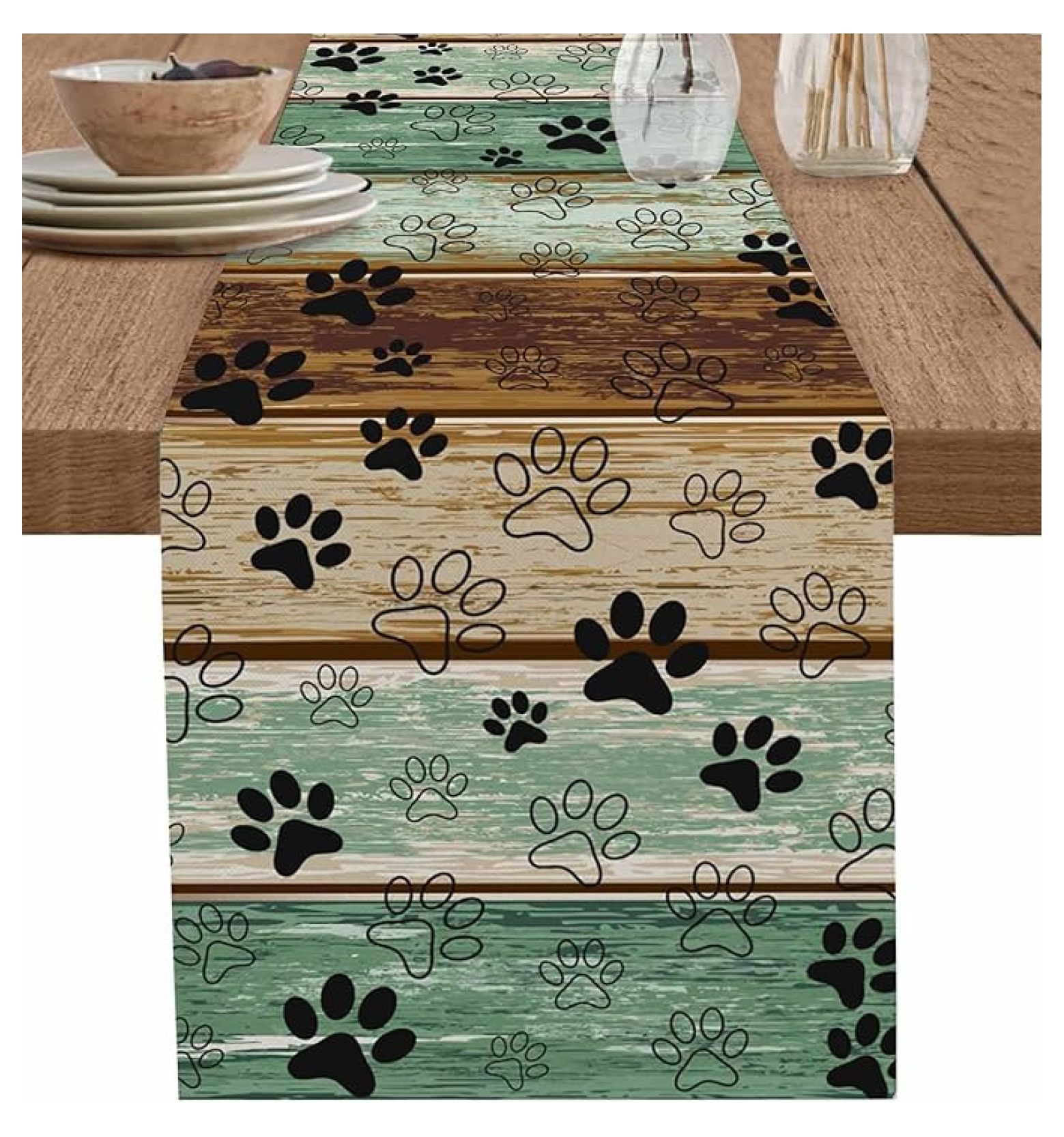 Teal Brown Dog Paw Prints Table Runner - 72 Inch Long Country Farmhouse ...