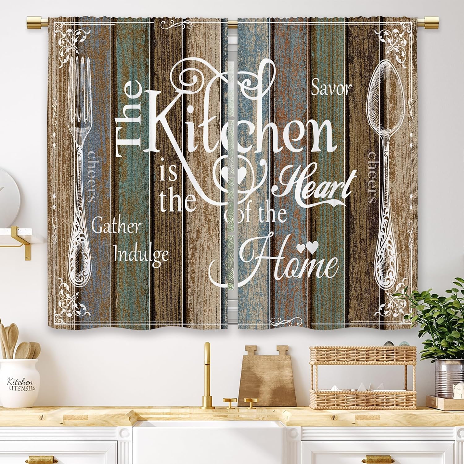 Teal Brown Farmhouse Rustic Kitchen Curtains Wooden Wood Small Short ...