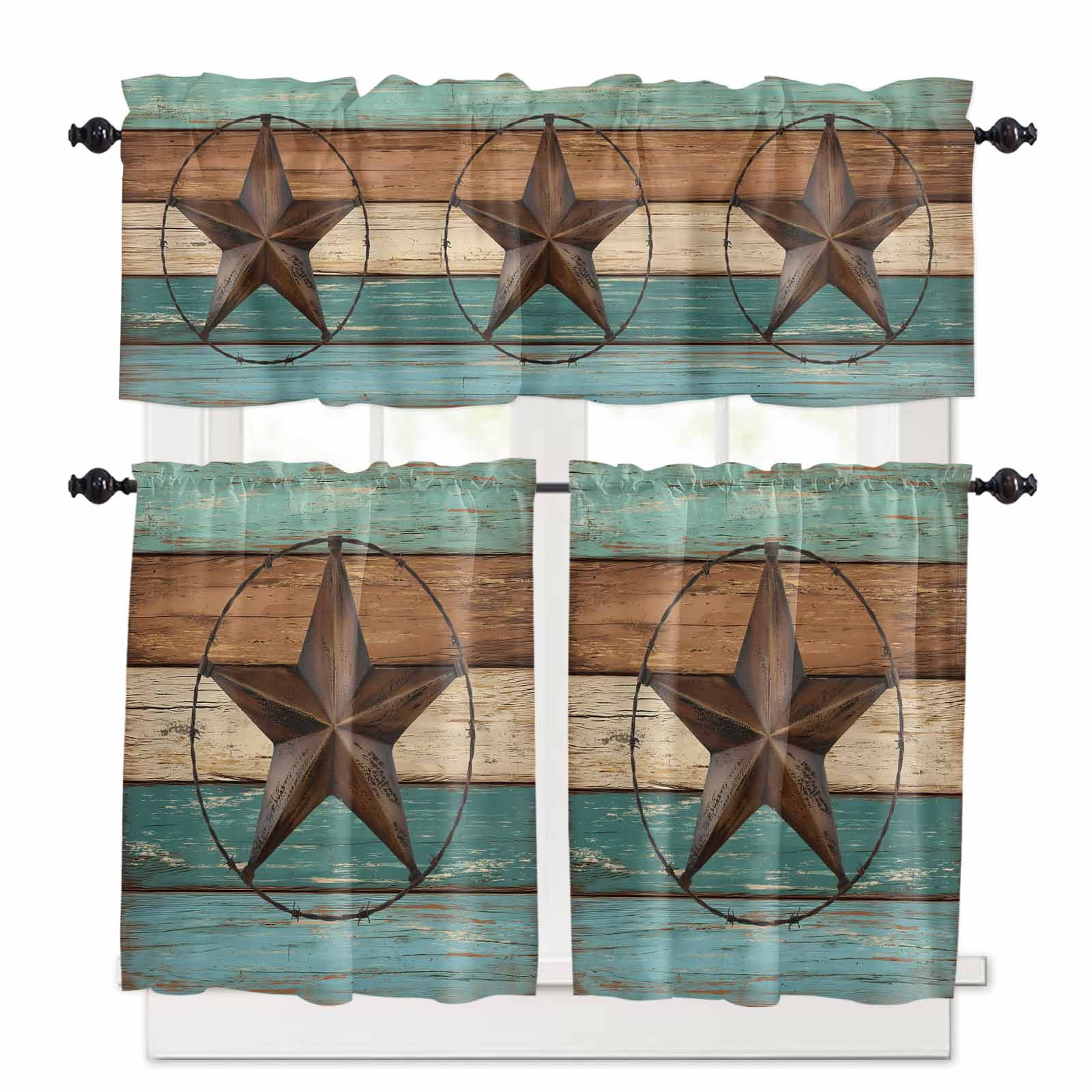 Teal Brown Kitchen Curtains Set for Windows 3 Pieces,24 Inch Length ...