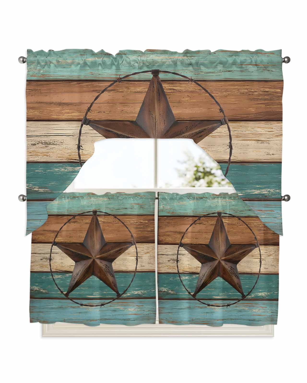 Teal Brown Kitchen Curtains Swag Valance and Tier Curtains Set 24 Inch ...