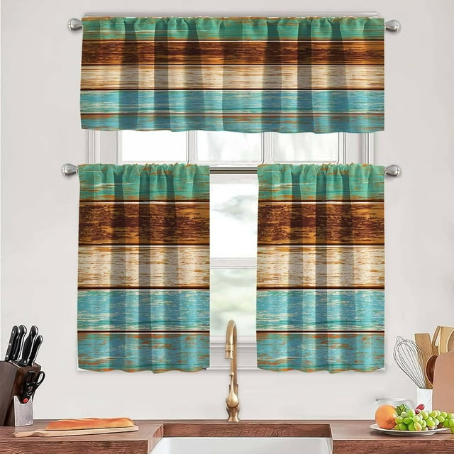 Teal and Brown Kitchen Curtains Tiers and Valances Set 3 Piece for ...