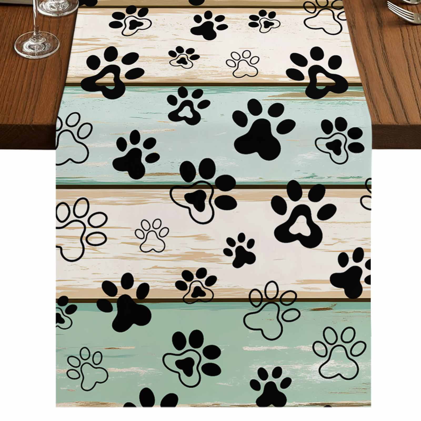 Teal Brown Paw Print 90 Inch Table Runner, Vintage Farmhouse Wooden ...
