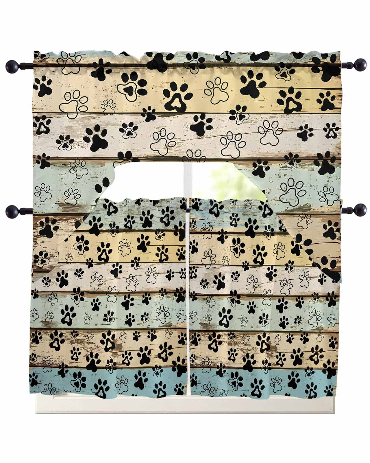 Teal Brown Paw Prints Kitchen Curtains Sets 24 Inch Length with Valance ...