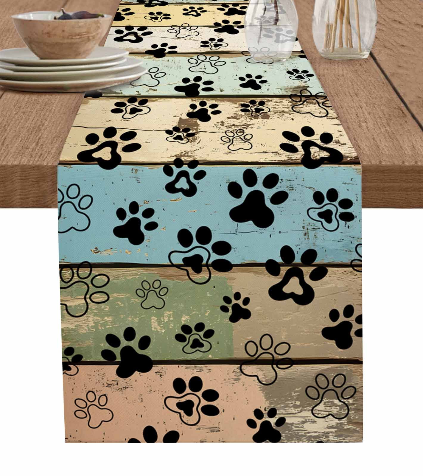 Teal Brown Paw Prints Table Runner 108 Inches, Vintage Farmhouse Wooden ...