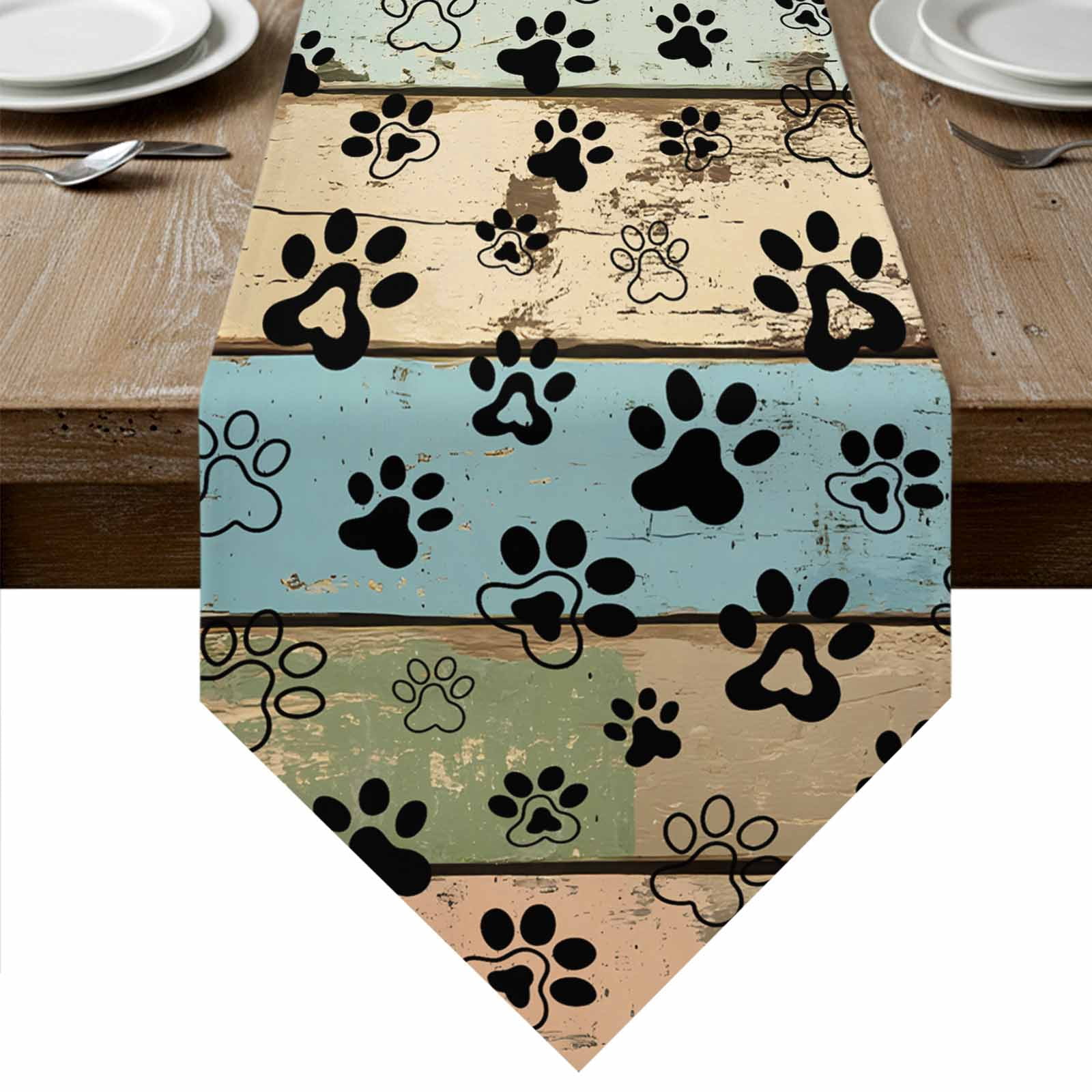 Teal Brown Paw Prints Table Runner Linen Burlap Table Runner 60 Inches ...